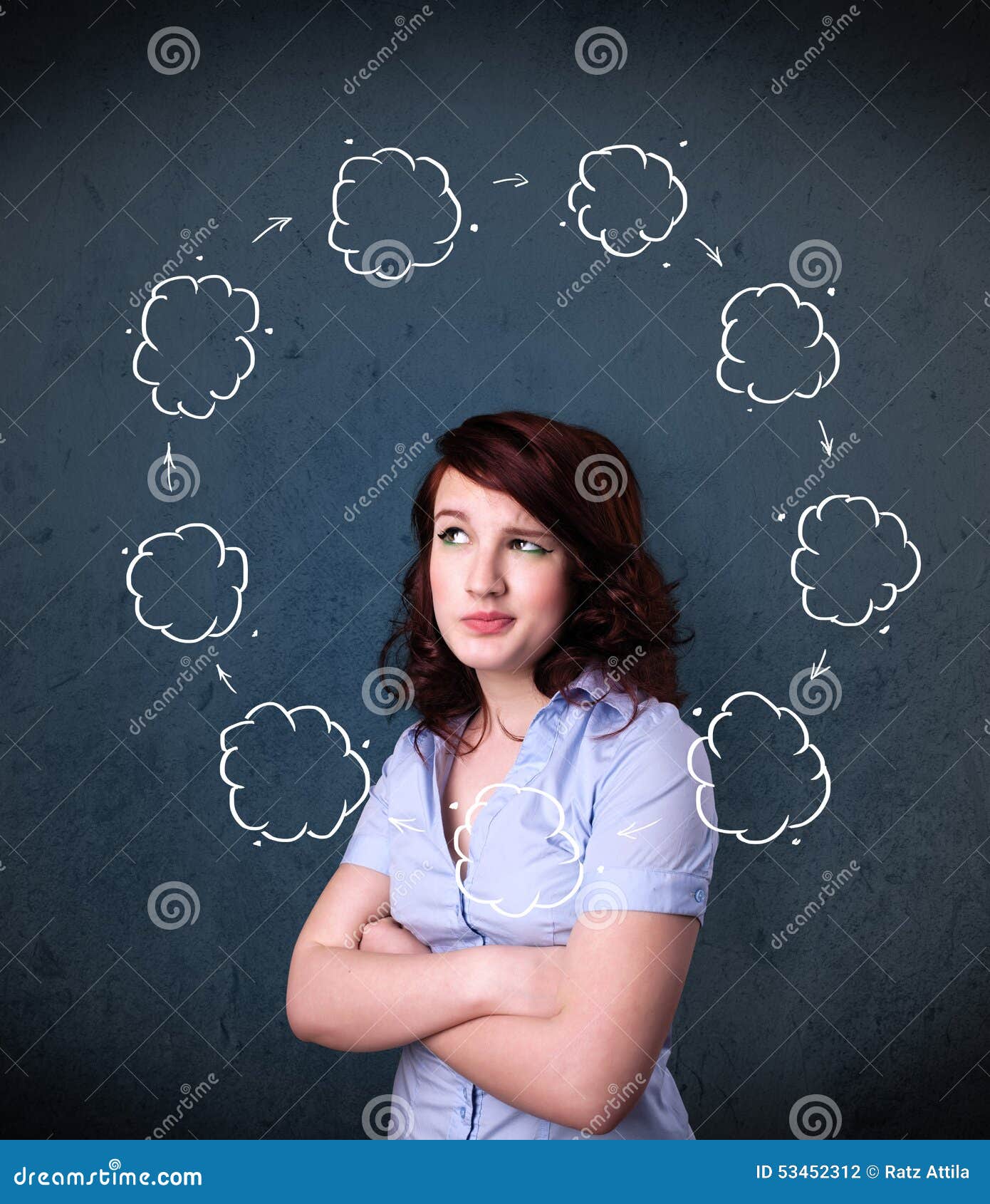 Young Woman Thinking with Cloud Circulation Around Her Head Stock Photo ...