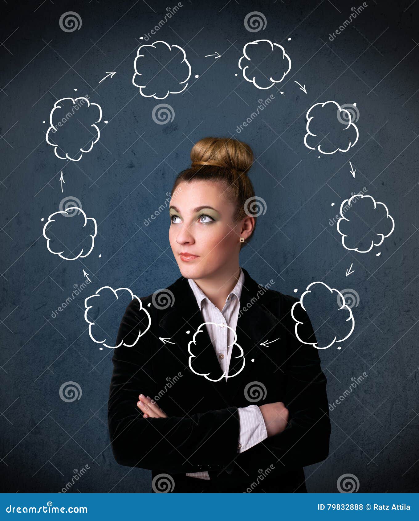 Young Woman Thinking with Cloud Circulation Around Her Head Stock Photo ...