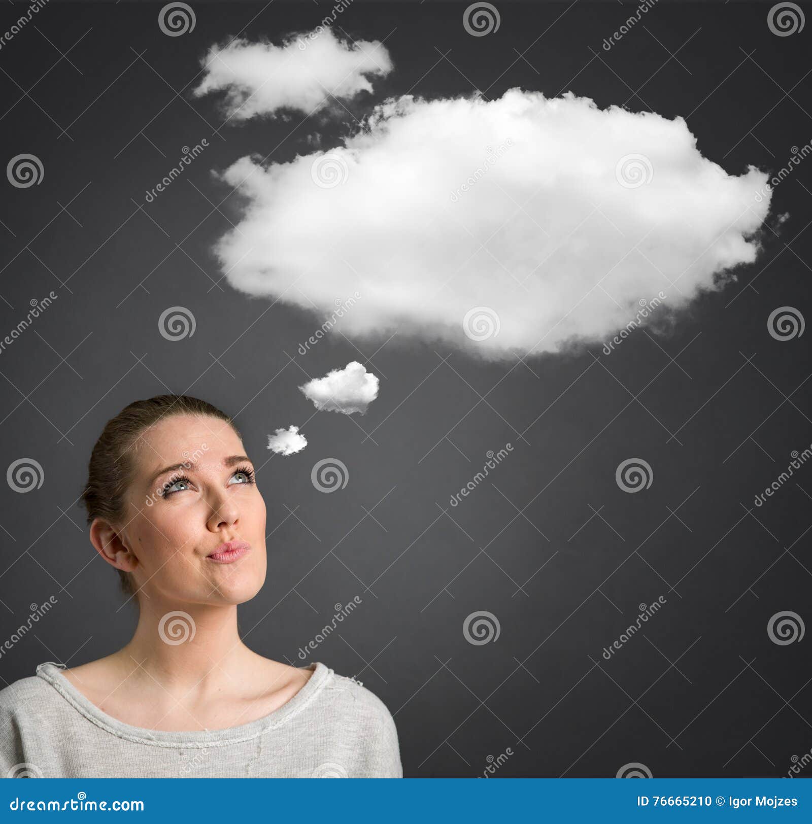 Young Woman Thinking with Cloud Stock Photo - Image of beautiful ...