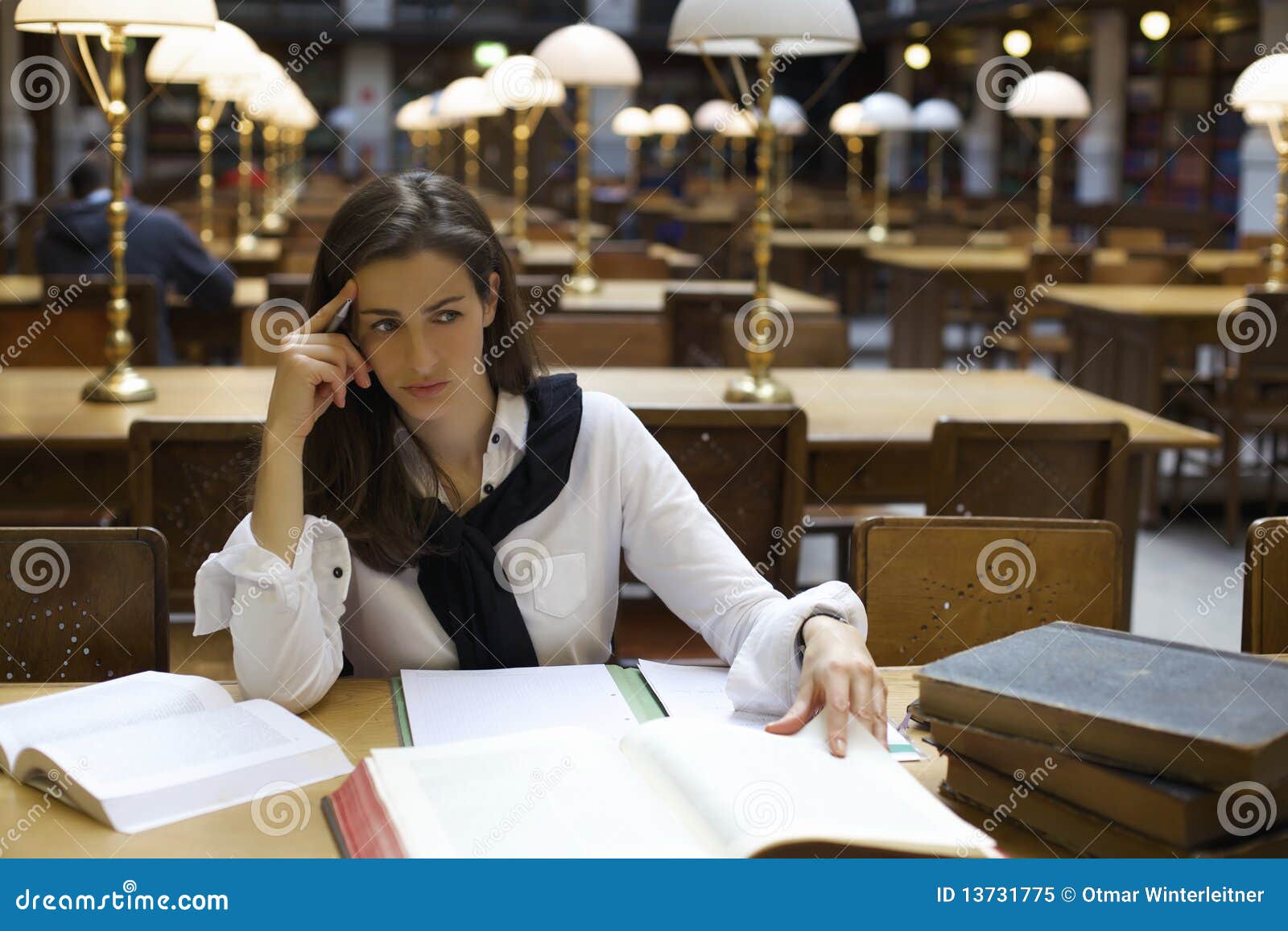 Young Woman Thinking in Library Stock Image - Image of education ...