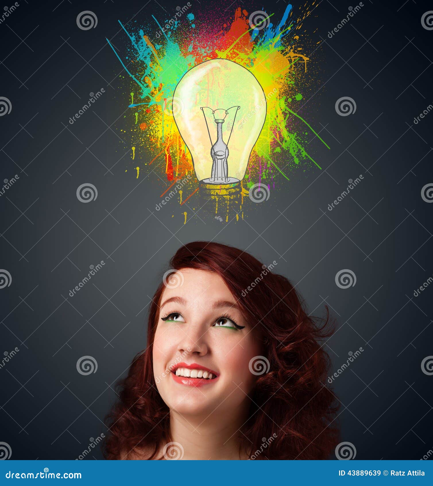 Young Woman Thinking with Lightbulb Above Her Head Stock Illustration ...