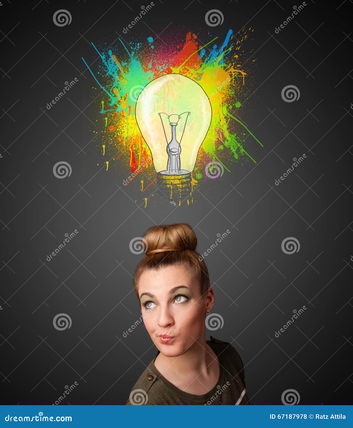 Young Woman Thinking with Lightbulb Above Her Head Stock Photo - Image ...