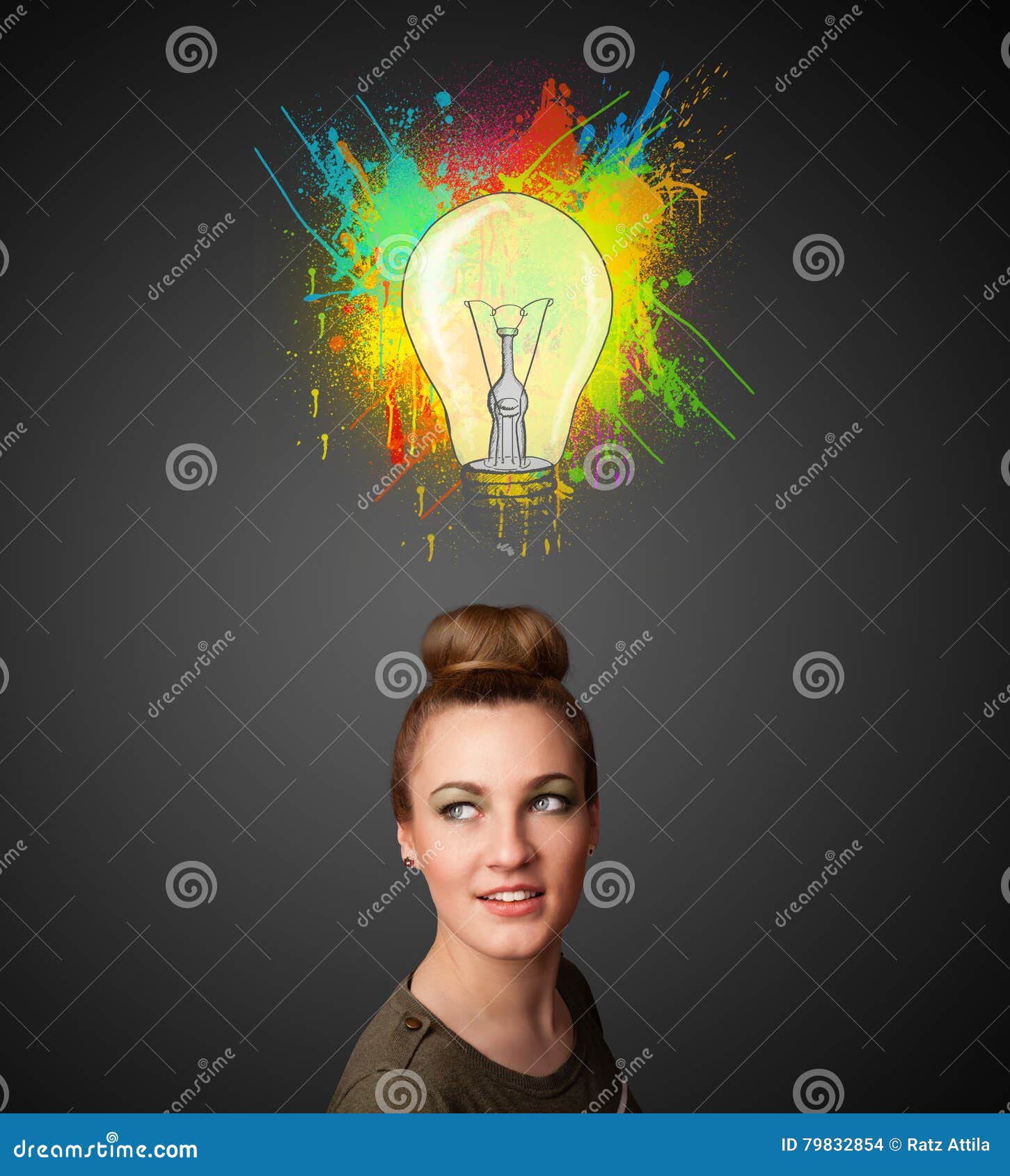 Young Woman Thinking with Lightbulb Above Her Head Stock Photo - Image ...
