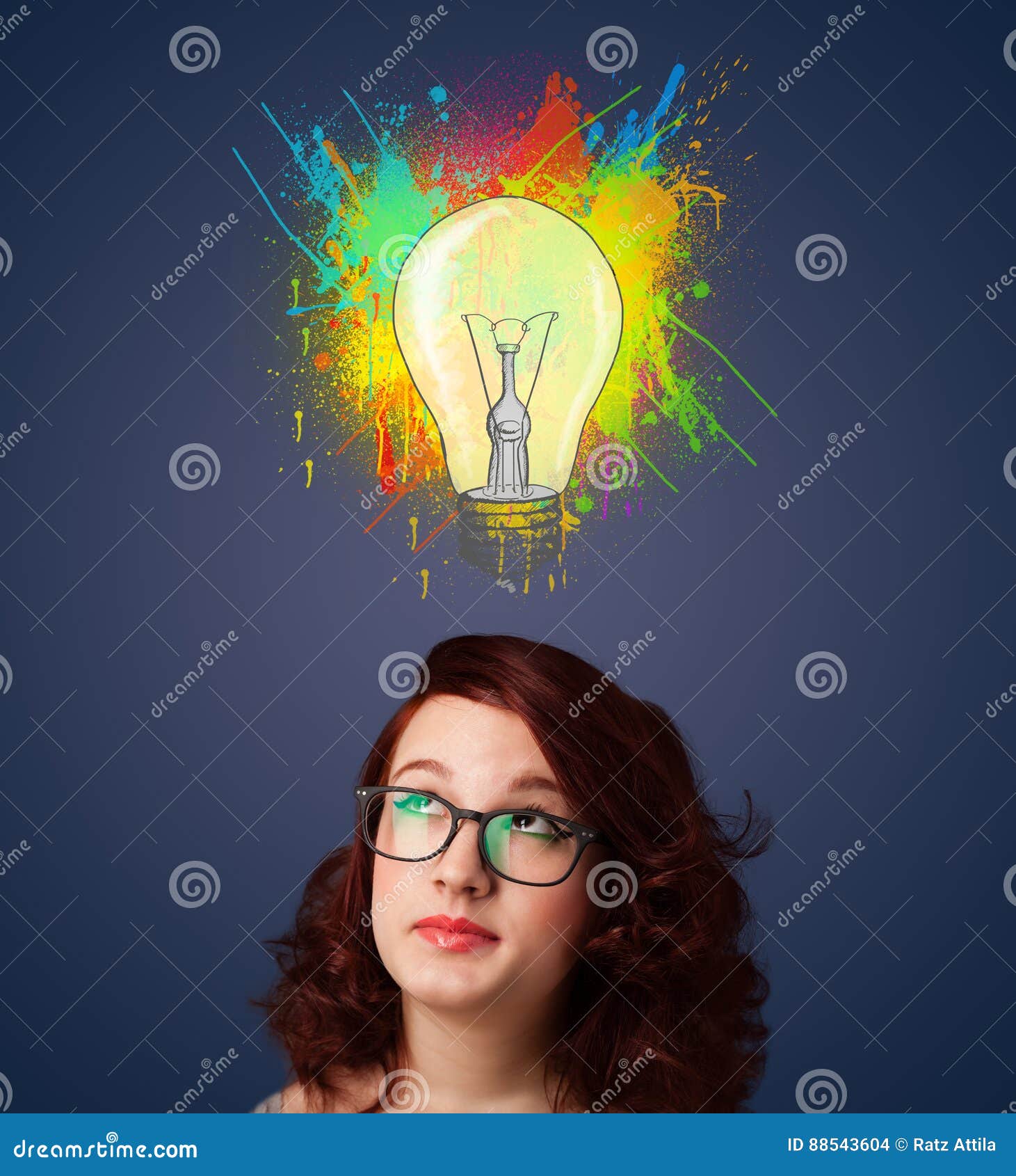Young Woman Thinking with Lightbulb Above Her Head Stock Photo - Image ...