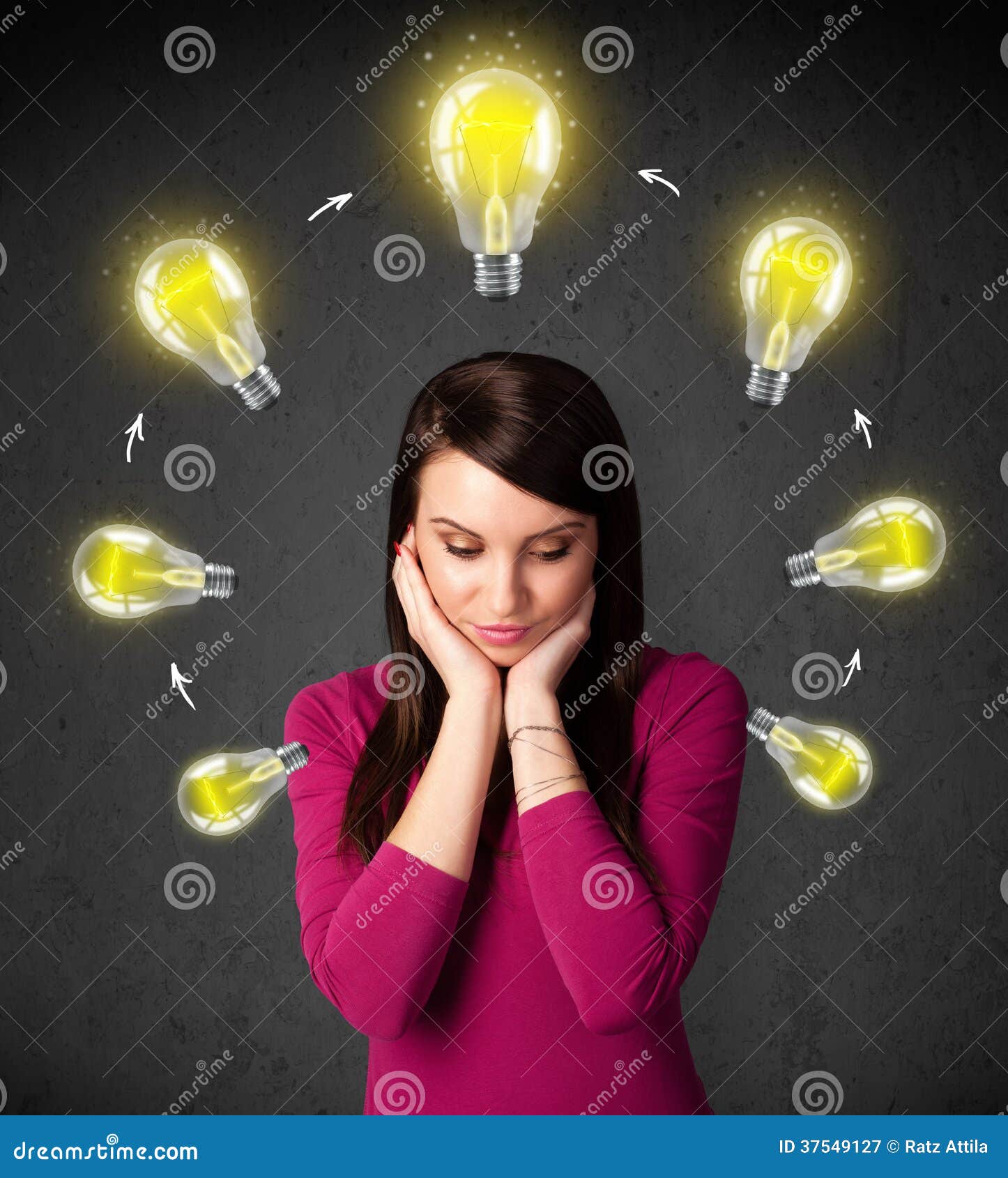 Young Woman Thinking with Lightbulb Circulation Around Her Head Stock ...