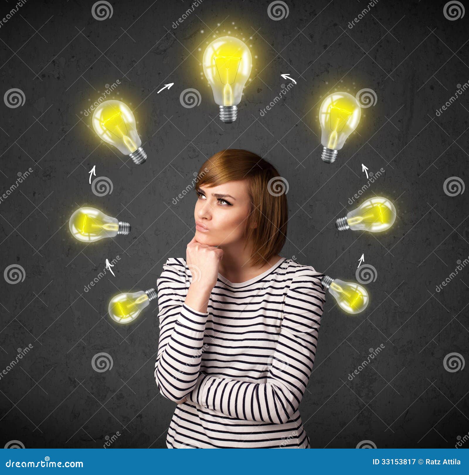 Young Woman Thinking with Lightbulb Circulation Around Her Head Stock ...