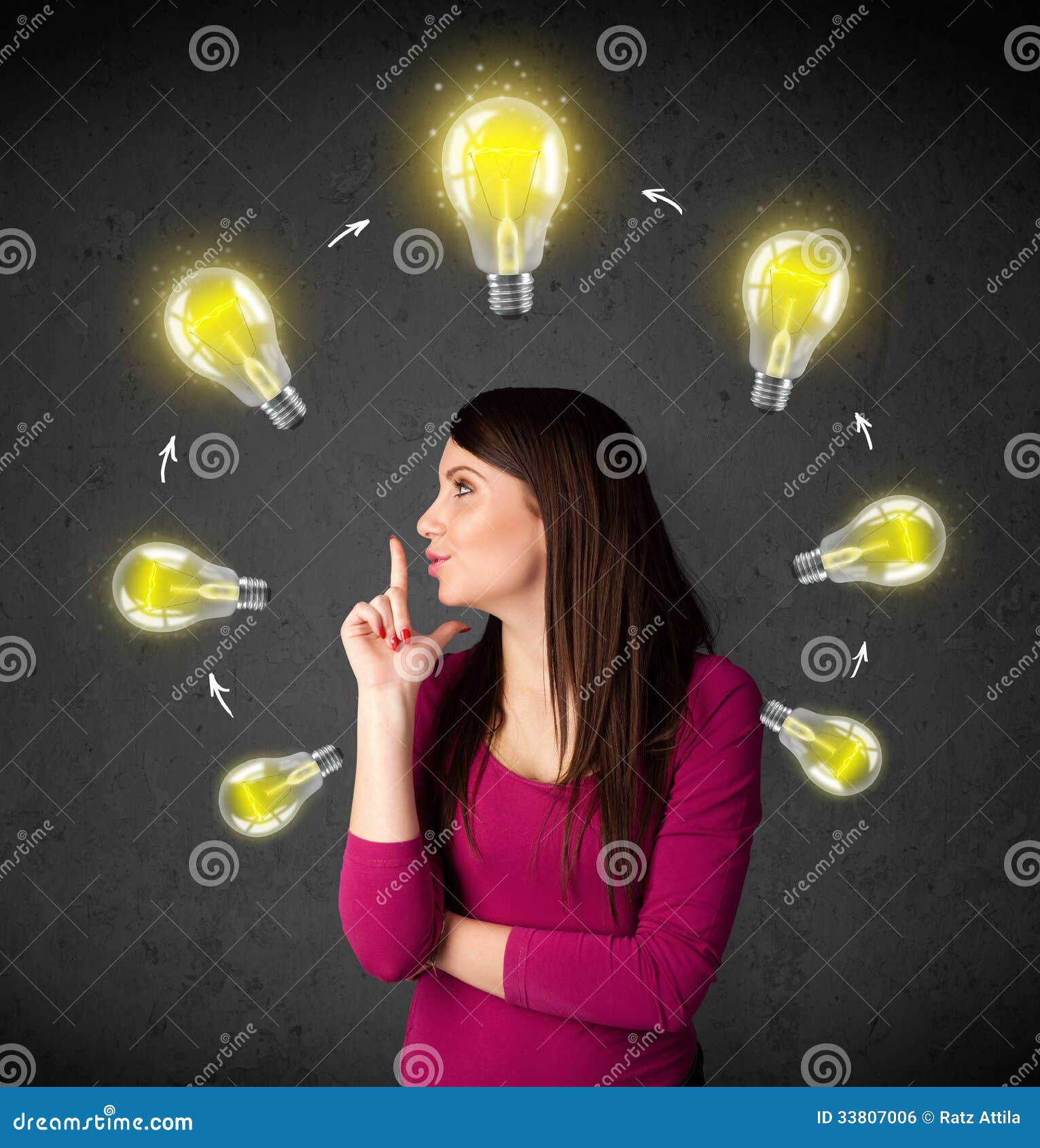 Young Woman Thinking with Lightbulb Circulation Around Her Head Stock ...