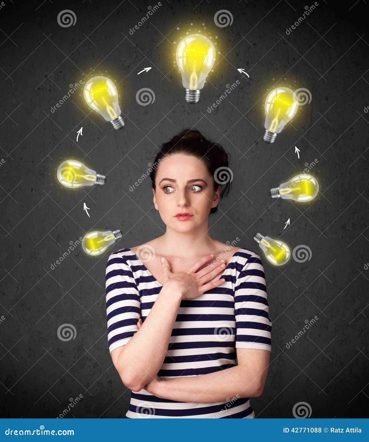 Young Woman Thinking with Lightbulb Circulation Around Her Head Stock ...