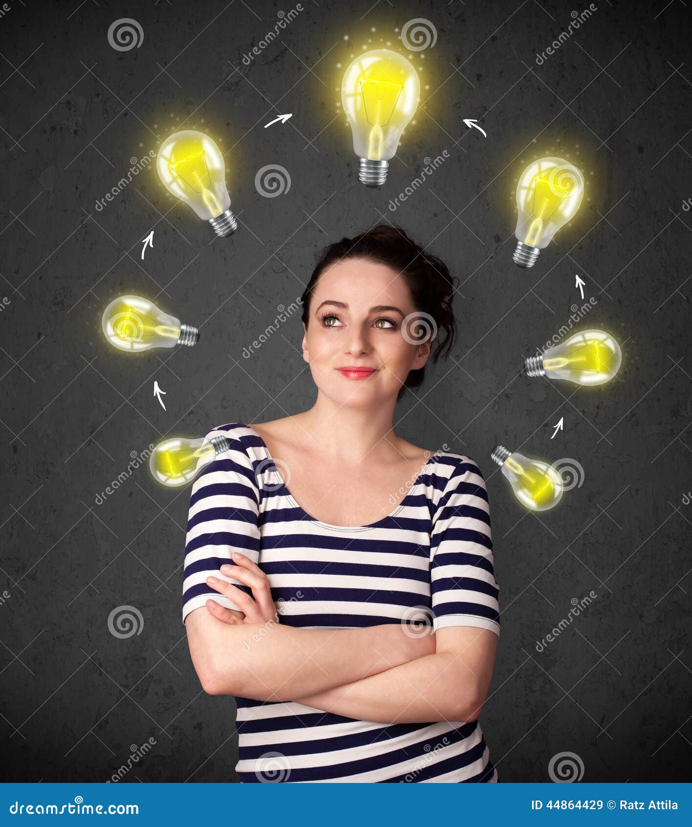 Young Woman Thinking with Lightbulb Circulation Around Her Head Stock ...