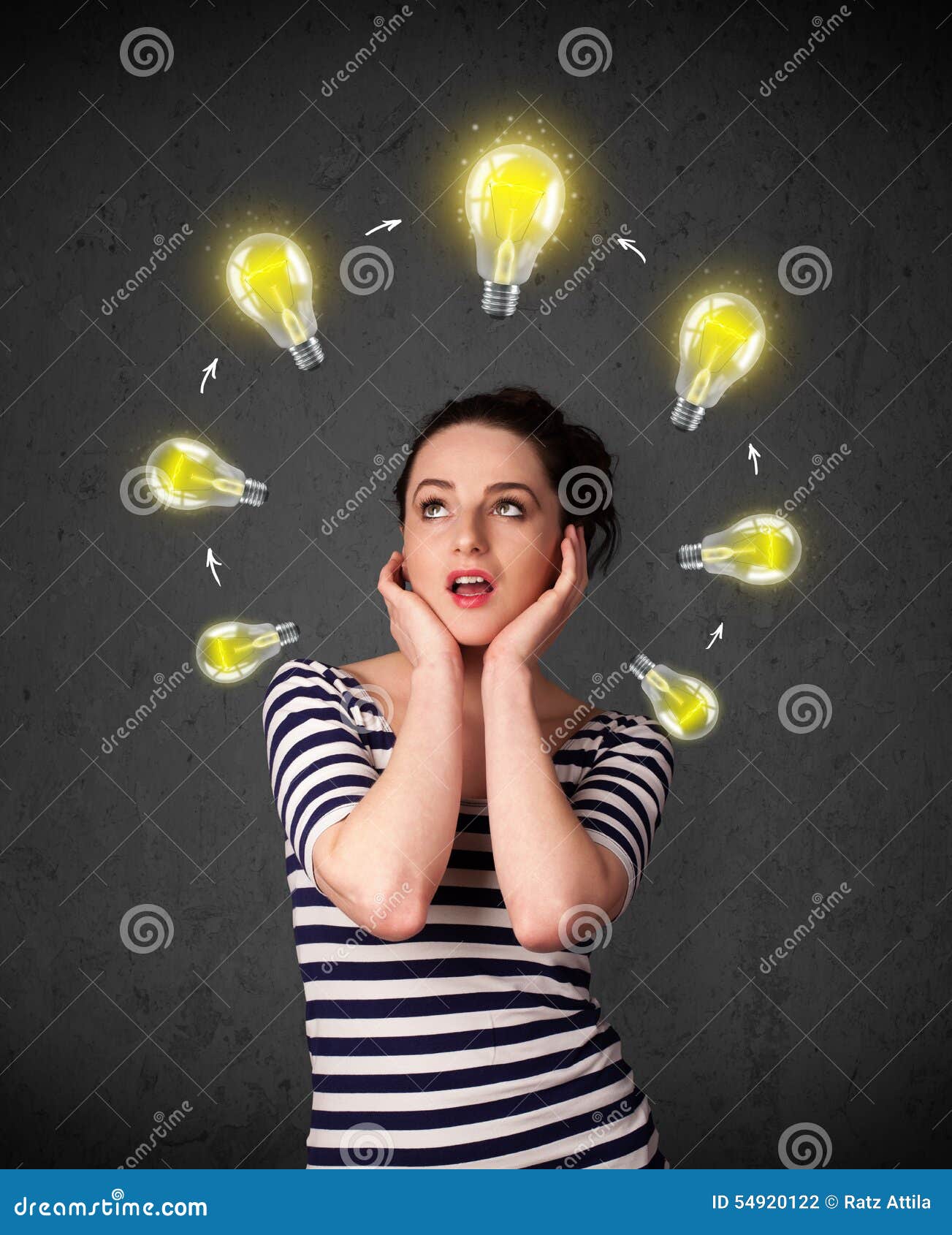 Young Woman Thinking with Lightbulb Circulation Around Her Head Stock ...