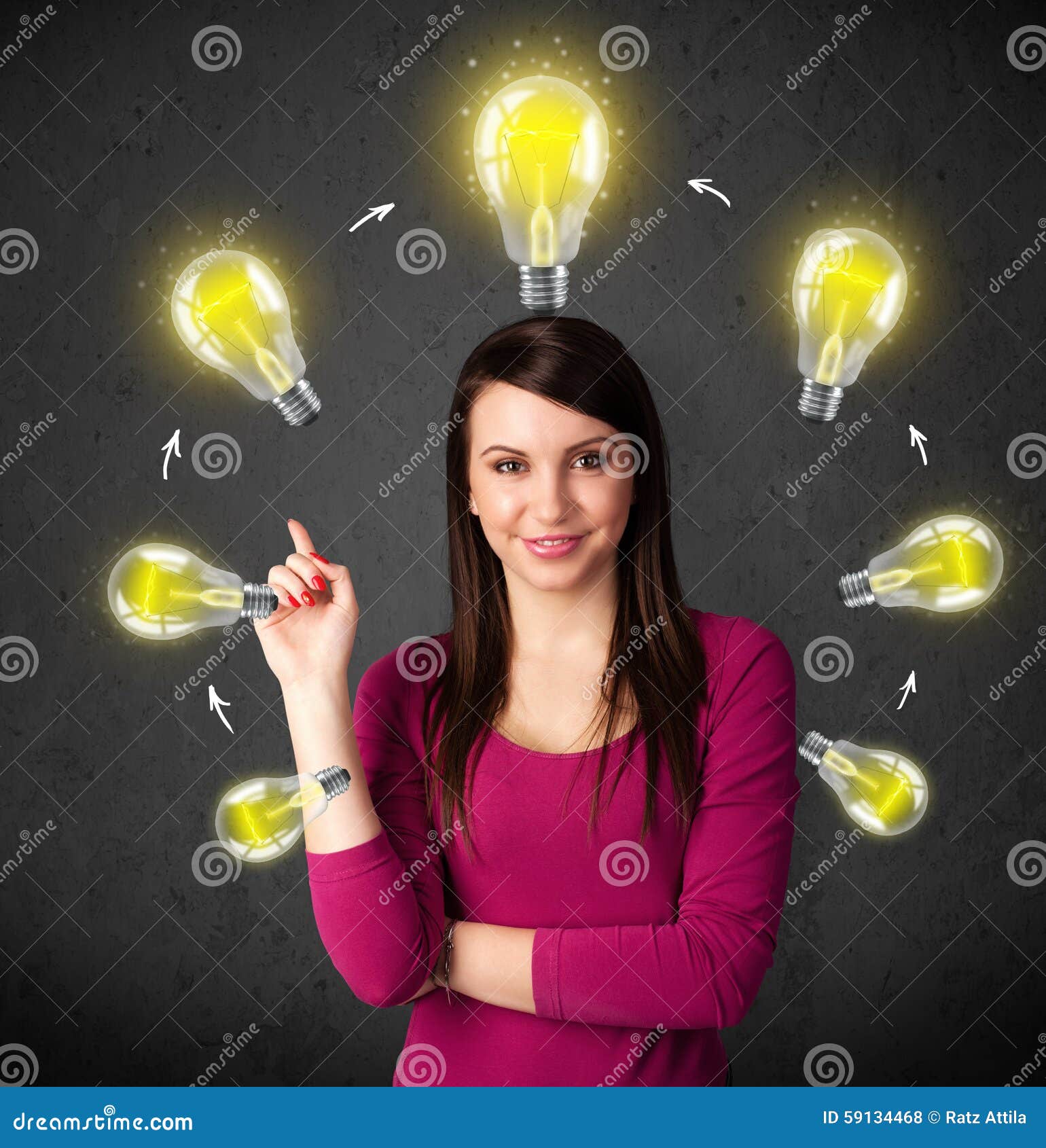 Young Woman Thinking with Lightbulb Circulation Around Her Head Stock ...
