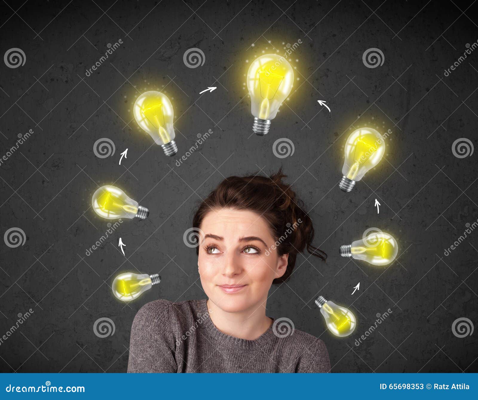 Young Woman Thinking with Lightbulb Circulation Around Her Head Stock ...