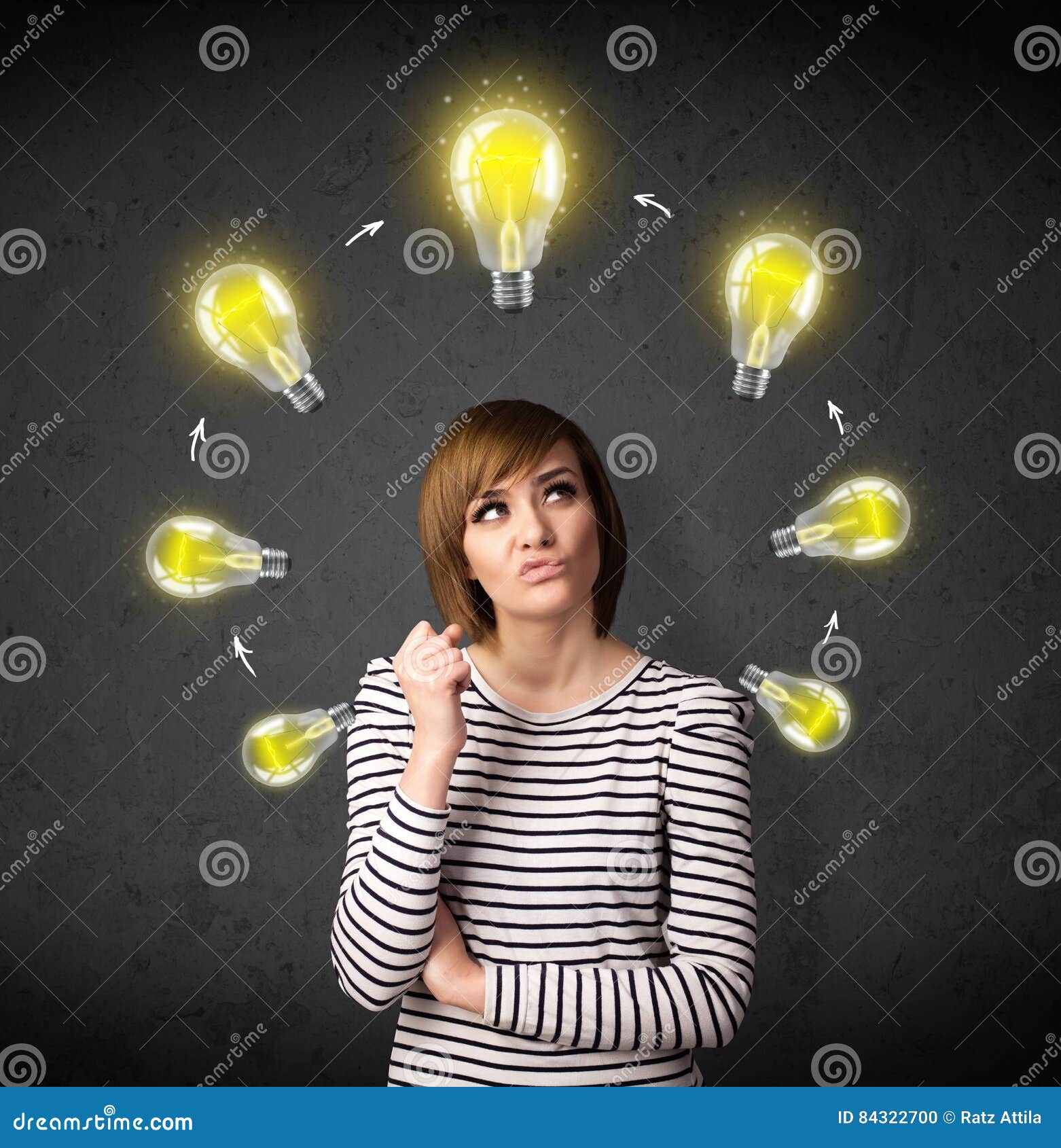 Young Woman Thinking with Lightbulb Circulation Around Her Head Stock ...