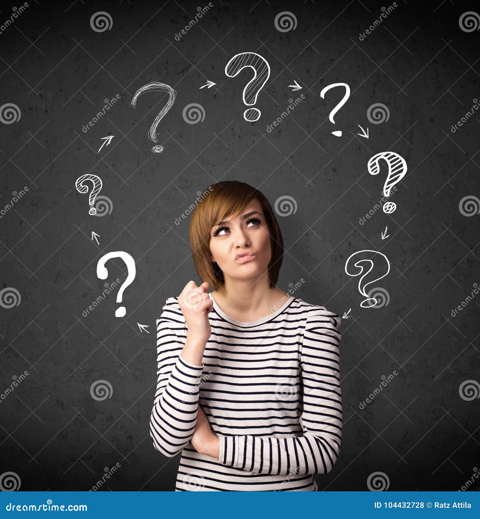 Young Woman Thinking with Question Mark Circulation Around Her H Stock ...