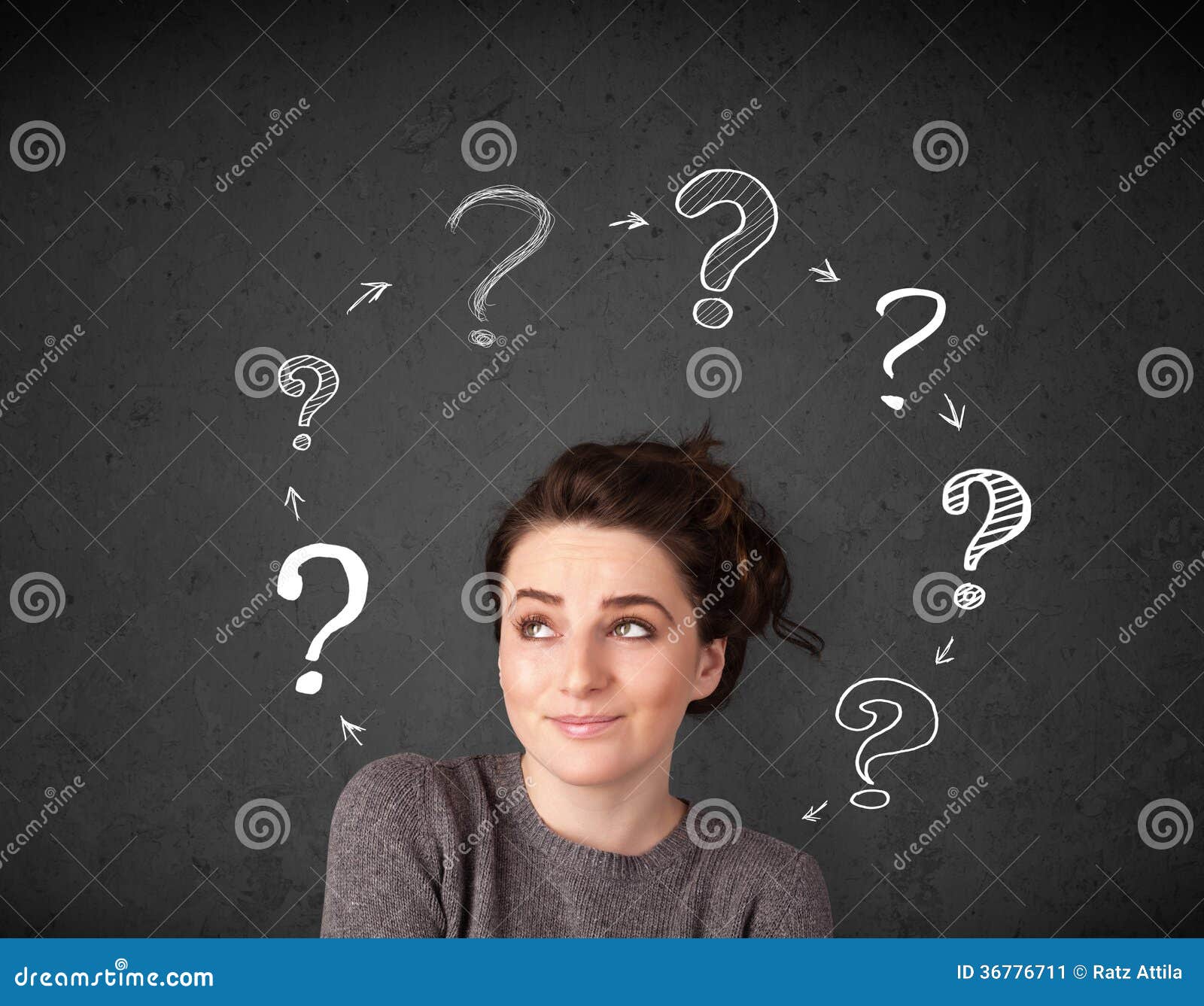 Young Woman Thinking with Question Mark Circulation Around Her H Stock ...