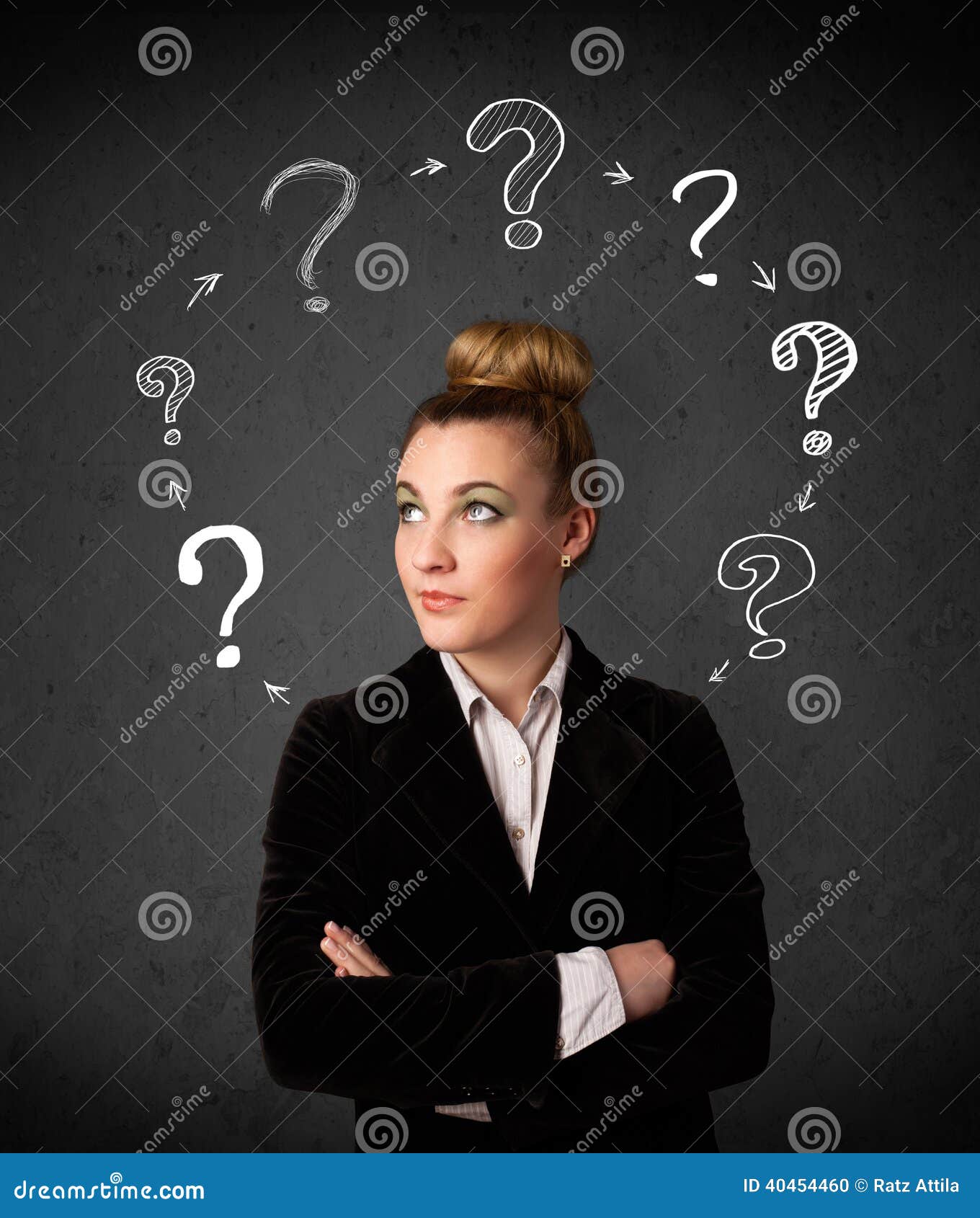 Young Woman Thinking with Question Mark Circulation Around Her H Stock ...