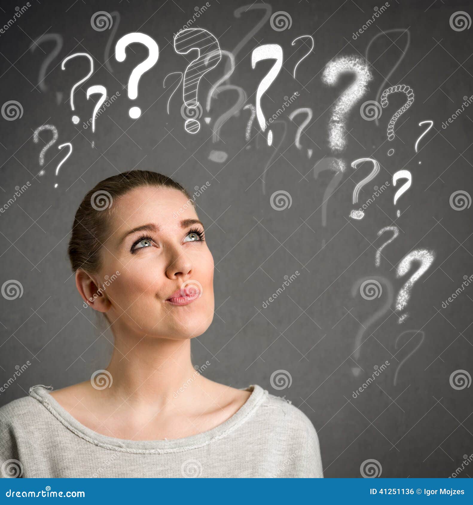Young Woman Thinking with Question Marks Over Head Stock Photo - Image ...