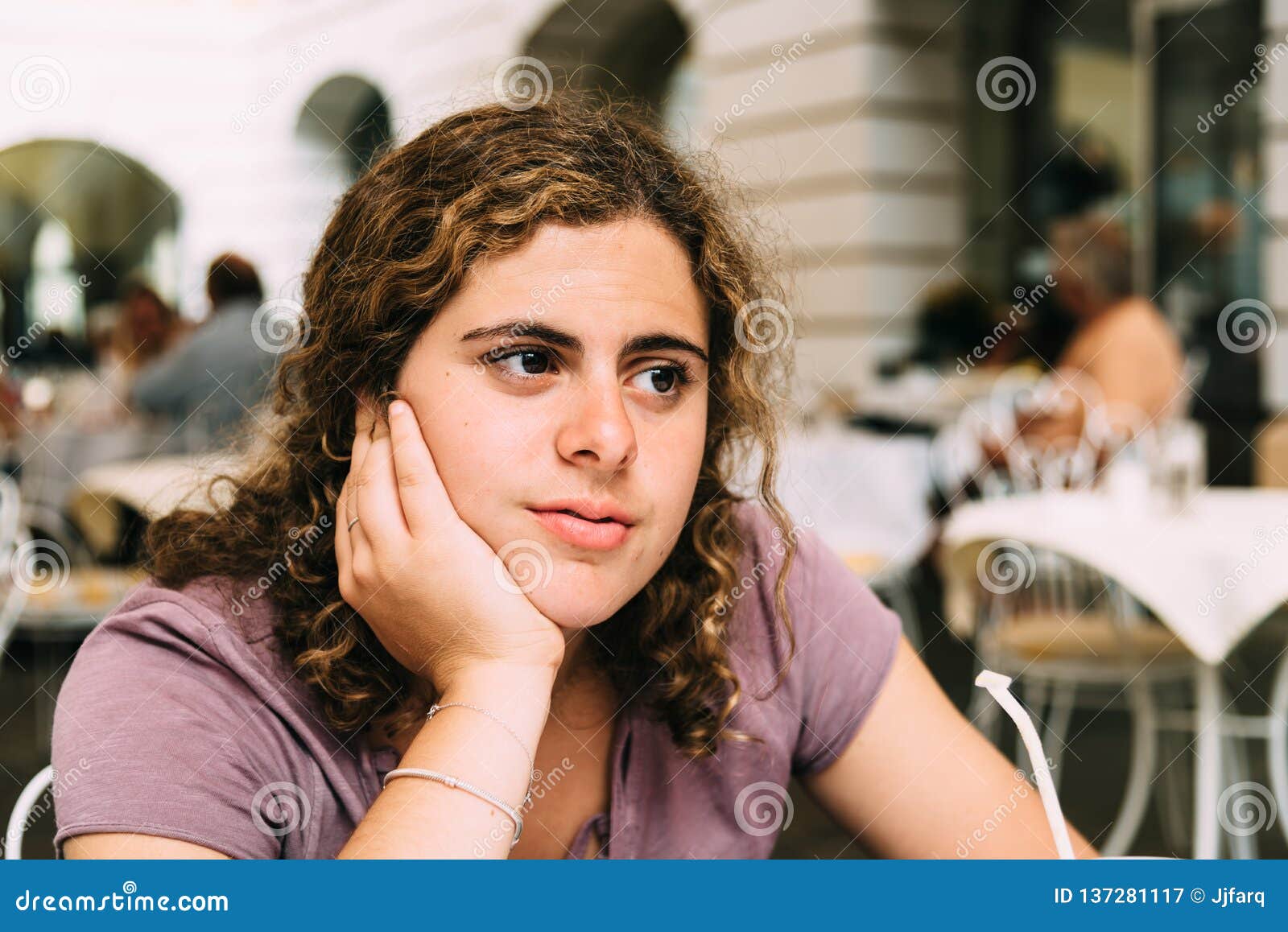 Young Woman Thinking While Sitting On Cafe Stock Image Image Of Alone