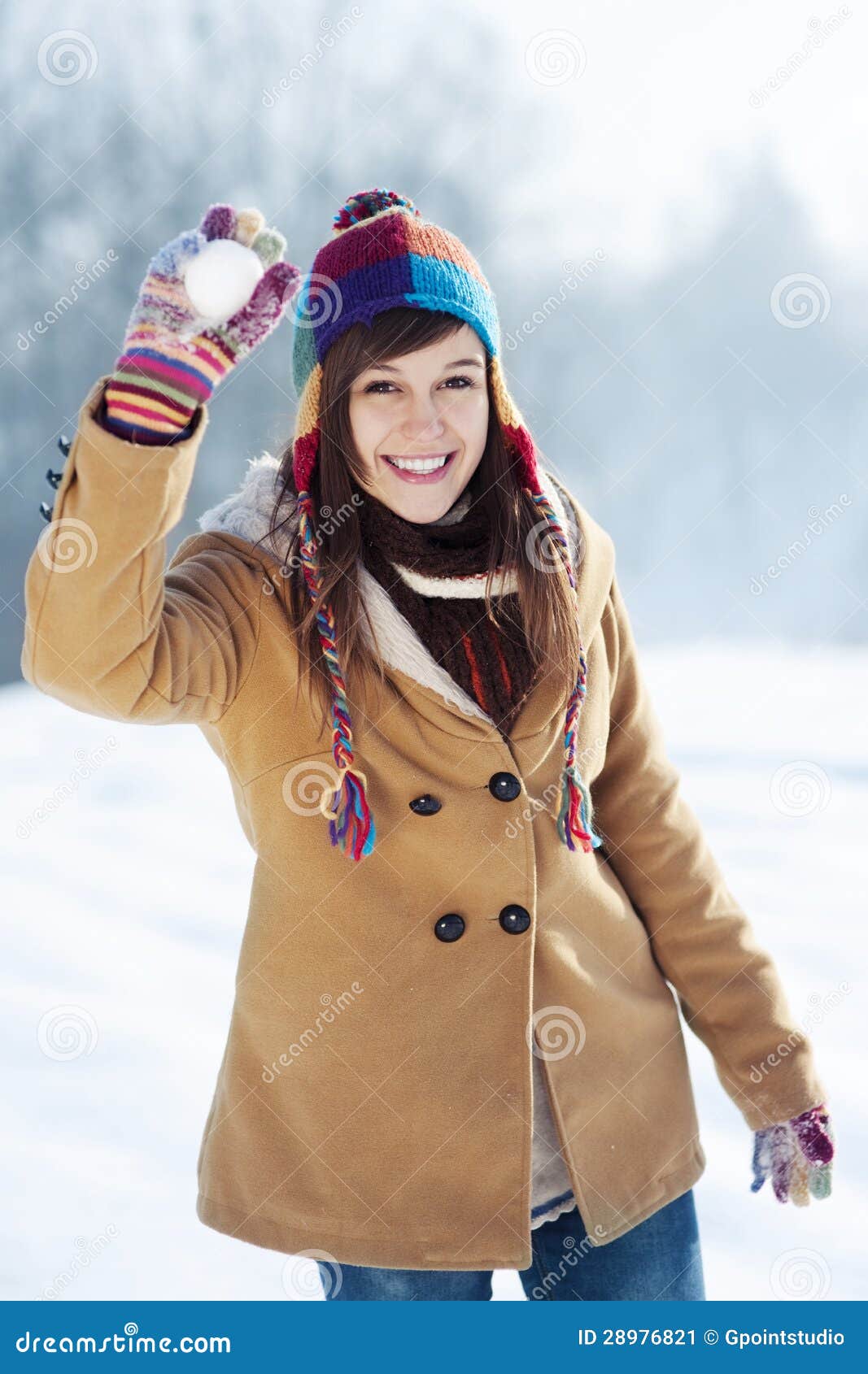 Young Woman Throwing Snowball Stock Image - Image of looking, jacket ...