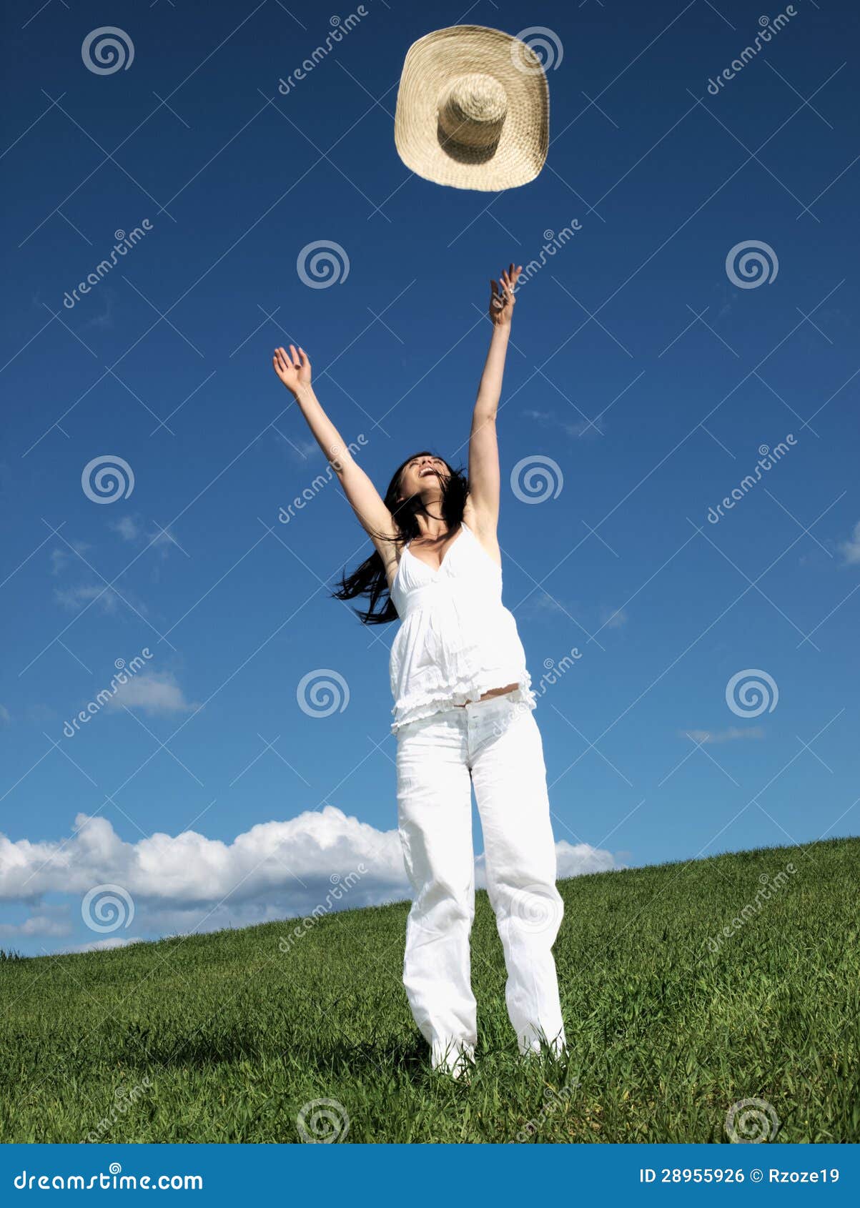 Young Woman throws hat stock photo. Image of cloud, white - 28955926