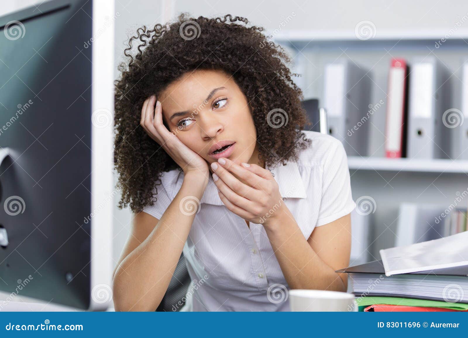 Young Woman Tired in Front Computer at Work Stock Photo - Image of ...