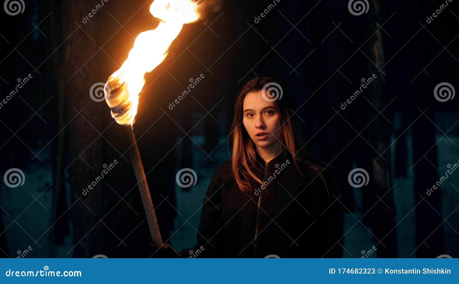 Young Woman with Torch Posing in Night Forest Stock Image - Image of ...