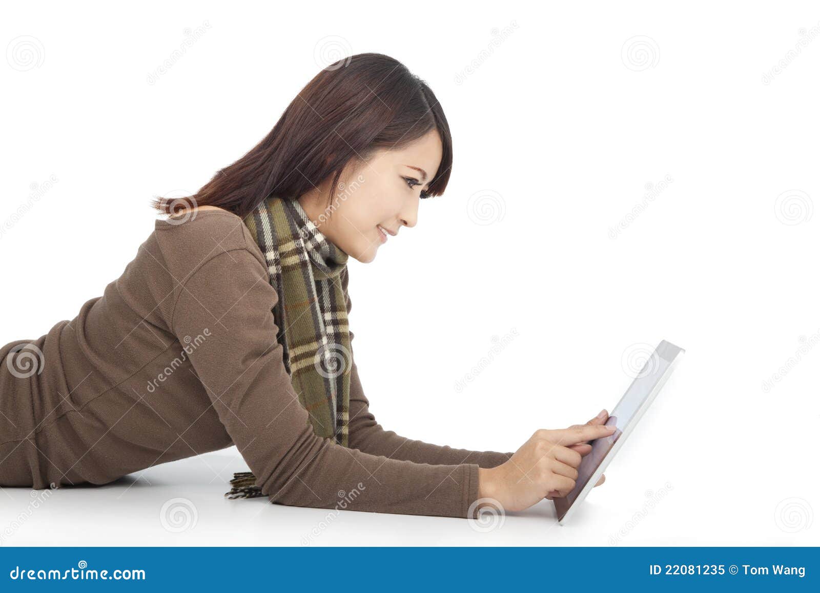 Young woman with touch pad stock image. Image of floor - 22081235