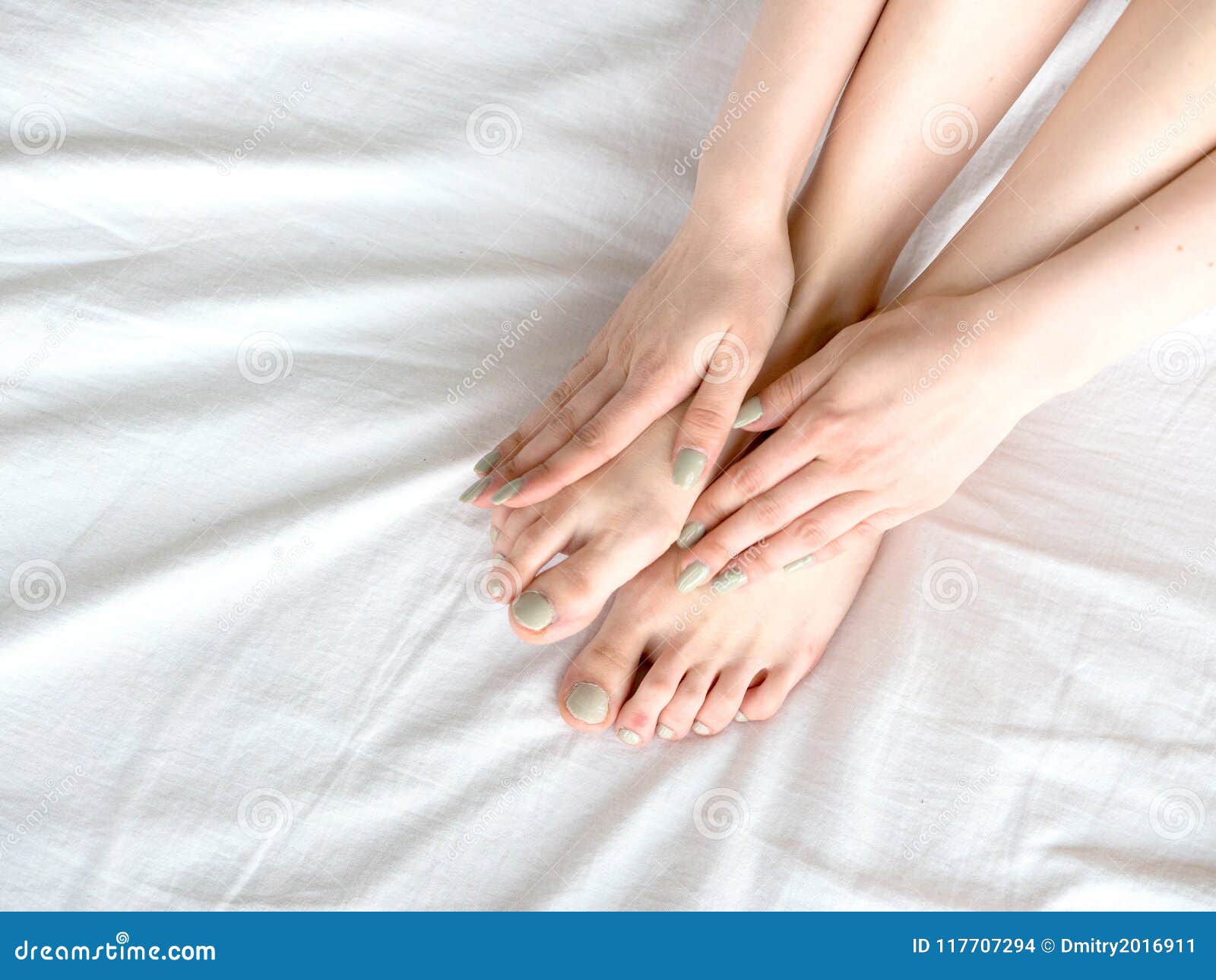 Young Woman Touching Her Leg on Bed Stock Photo - Image of treatment ...