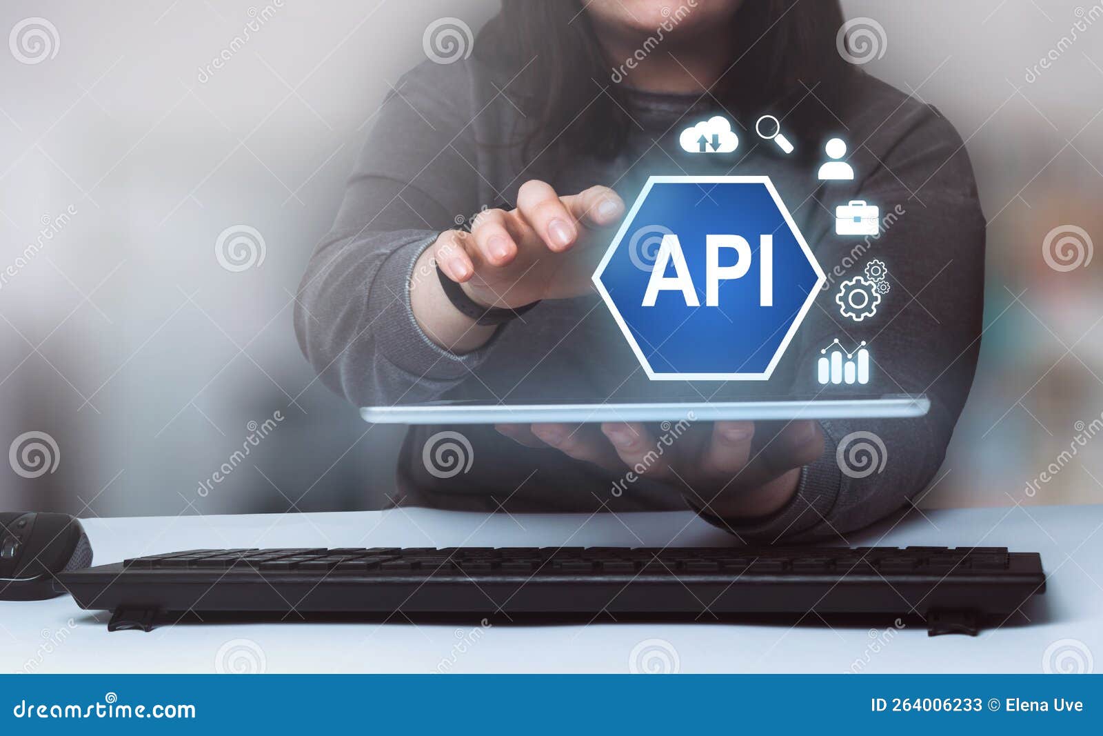 Young Woman Touching Hologram Interface with API Acronym Word Icon ...