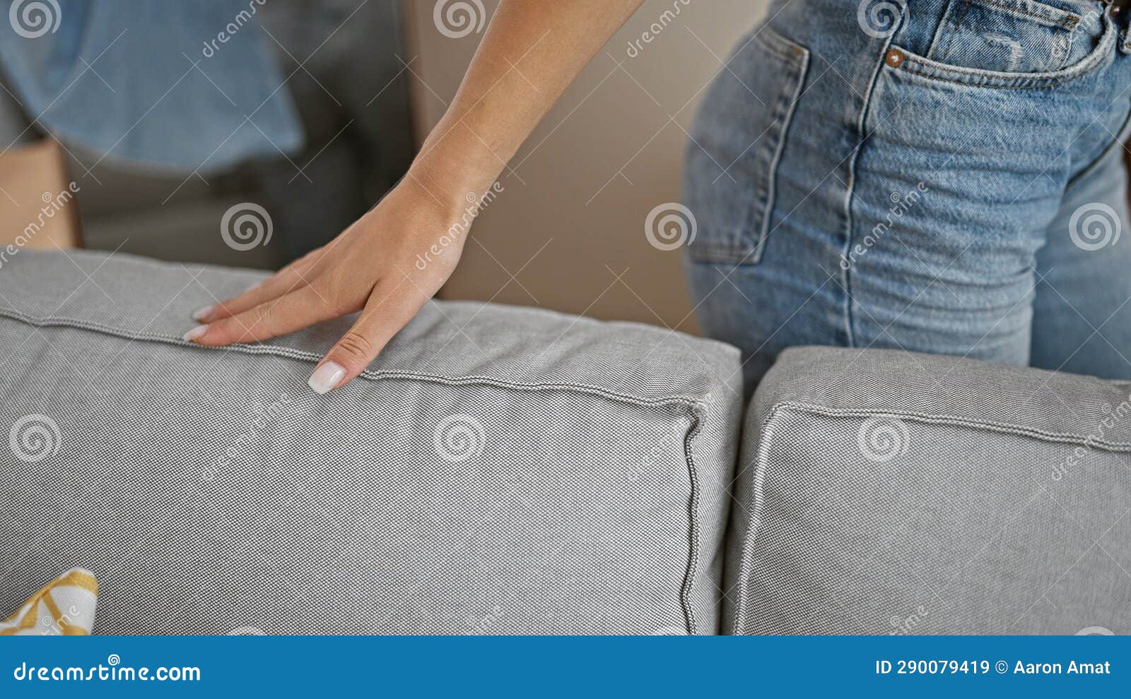 Young Woman Touching Sofa with Hand Walking at Home Stock Image - Image ...