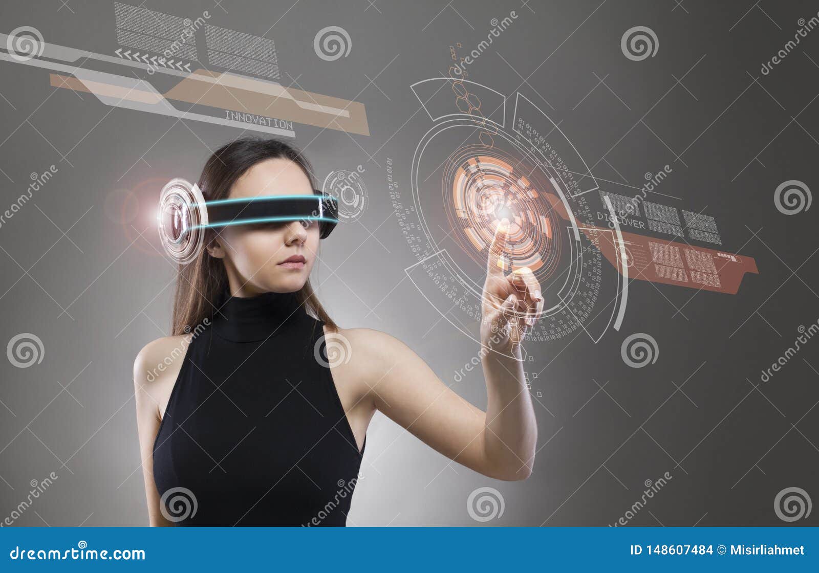 Woman Touching the Virtual Future Interface Stock Photo - Image of ...