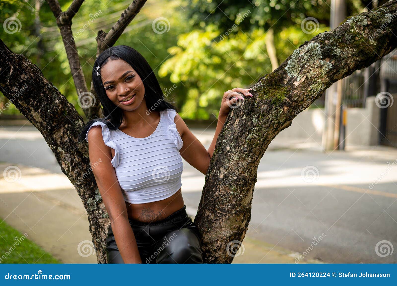 Young woman in tree stock photo. Image of pretty, smiling - 264120224
