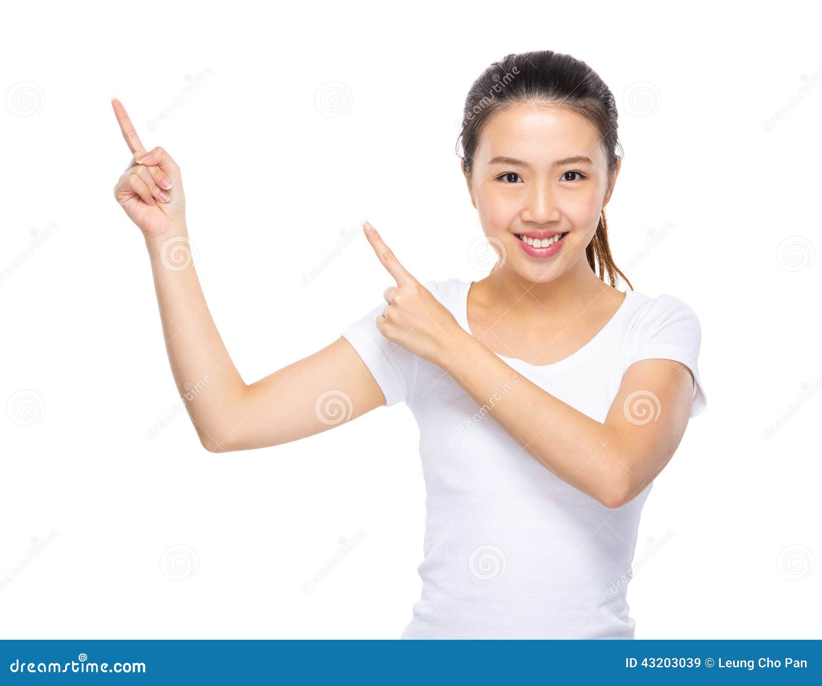 Young Woman with Two Finger Point Up Stock Image - Image of studio ...