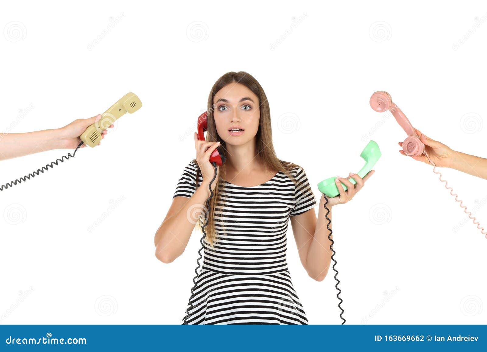 Woman and Two Hands with Handsets Stock Photo - Image of emotion ...