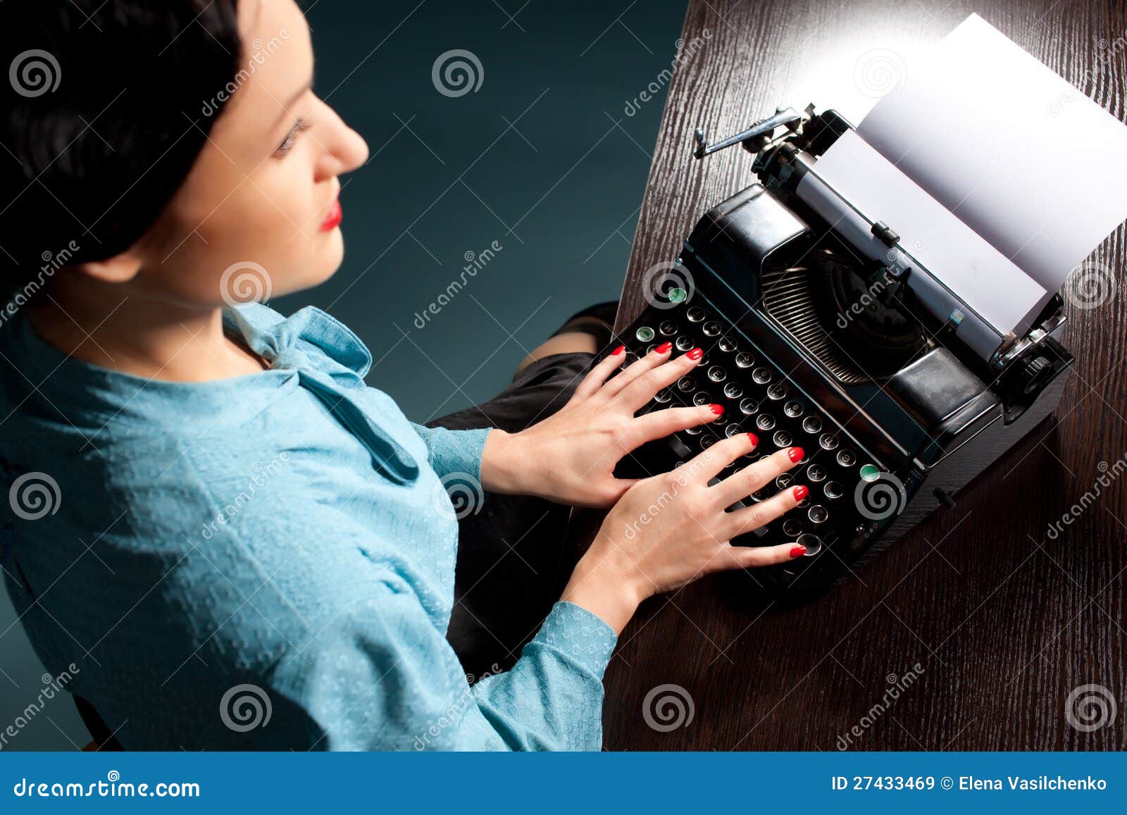 Young Woman Typing with Old Typewriter Stock Image - Image of work ...