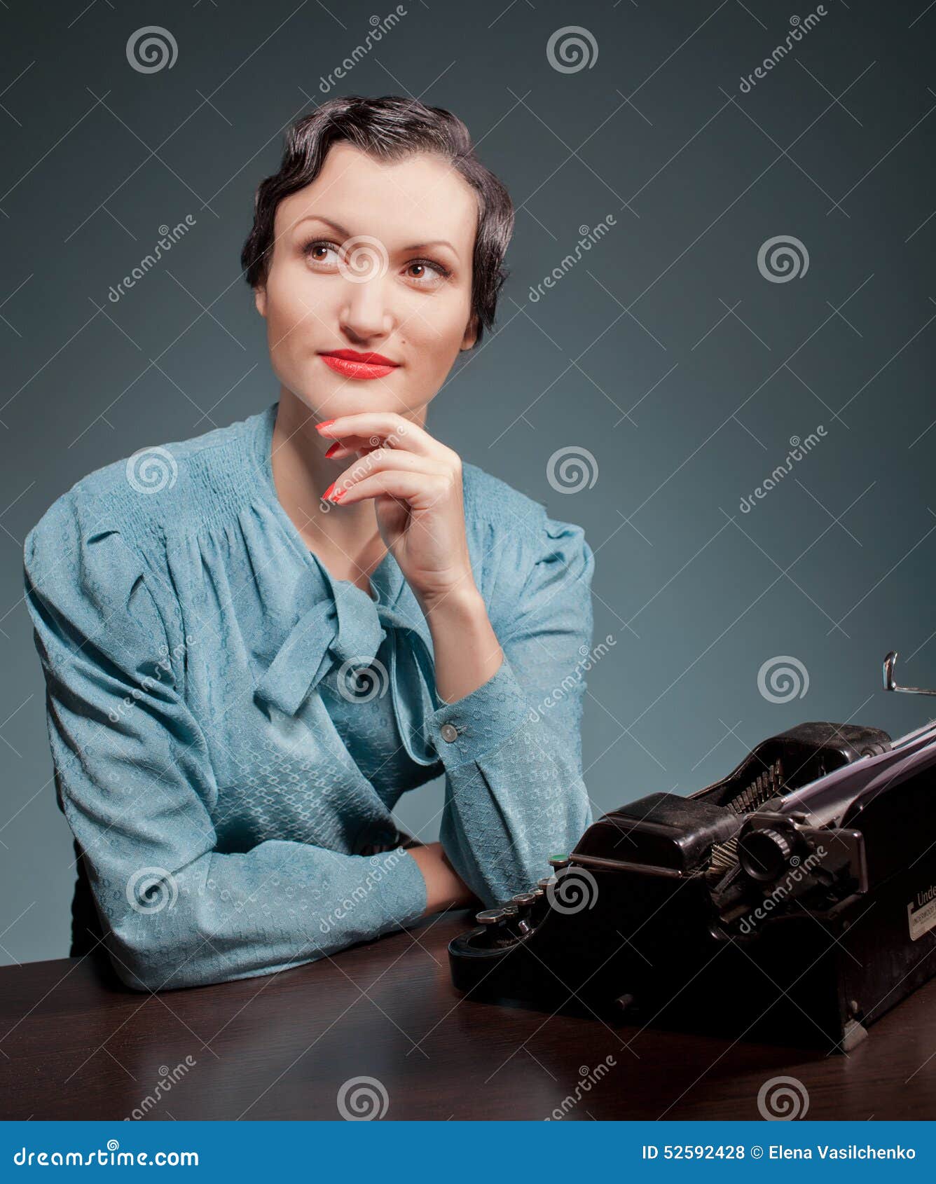 Young Woman Typing with Old Typewriter in Retro Style Stock Photo ...