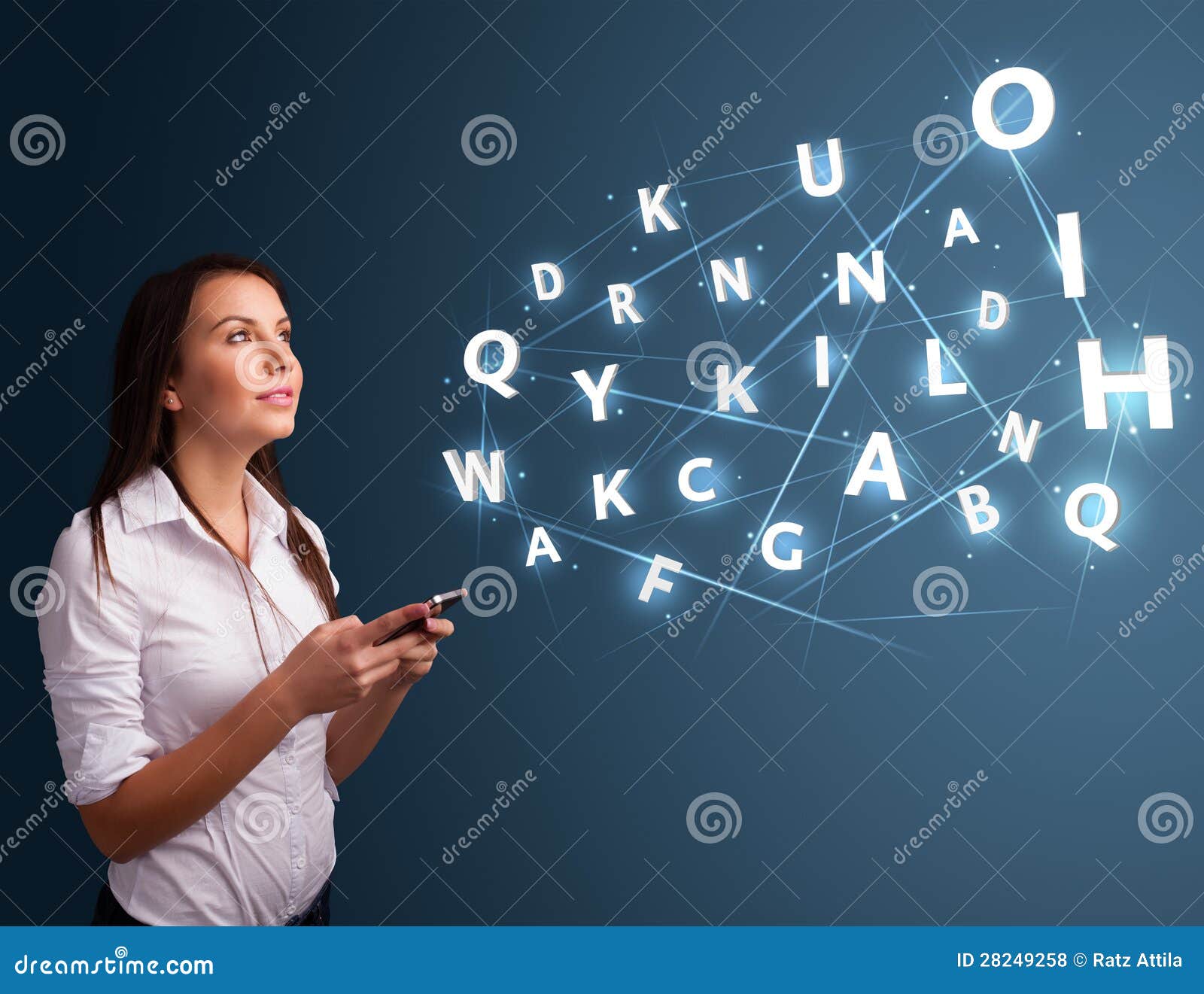 Young Woman Typing on Smartphone with High Tech 3d Letters Comming Out ...