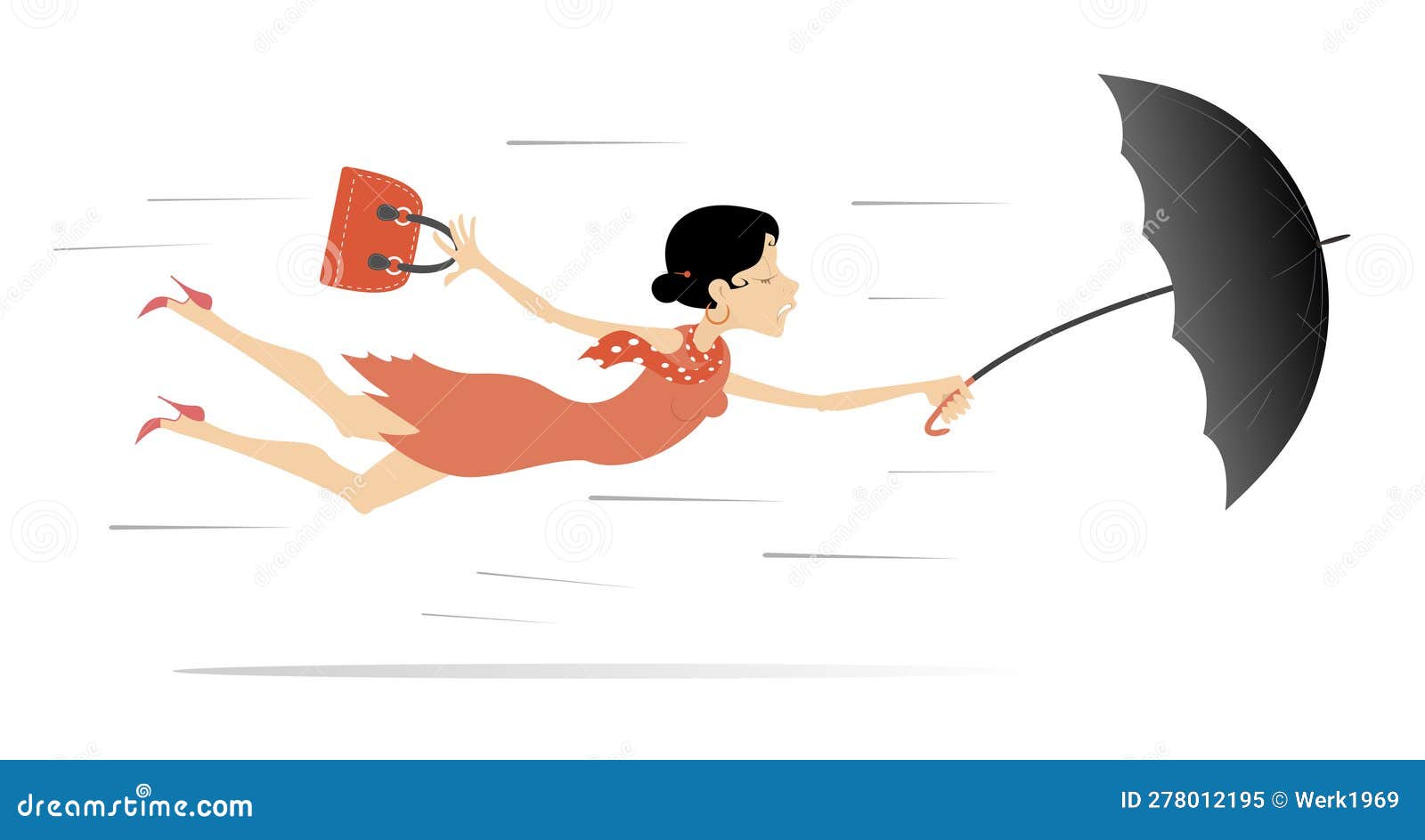 Windy Day And Woman Flies With Umbrella Stock Vector Illustration Of