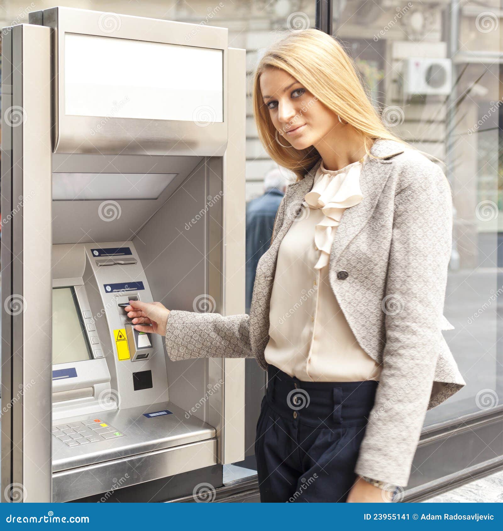 Young Woman use Bank ATM stock image. Image of terminal - 23955141