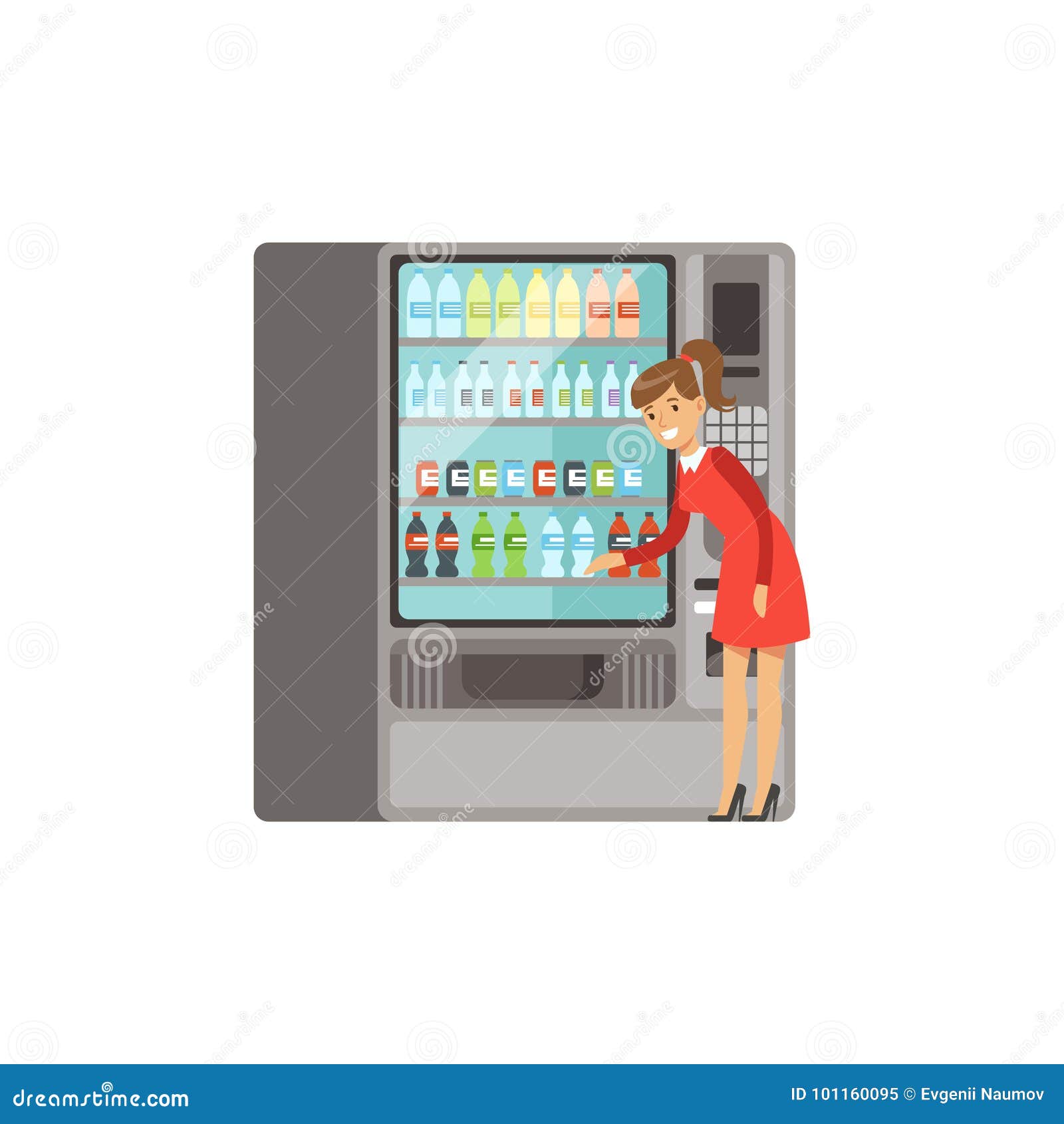 Young Woman Using Automatic Vending Machine with Drinks Vector ...