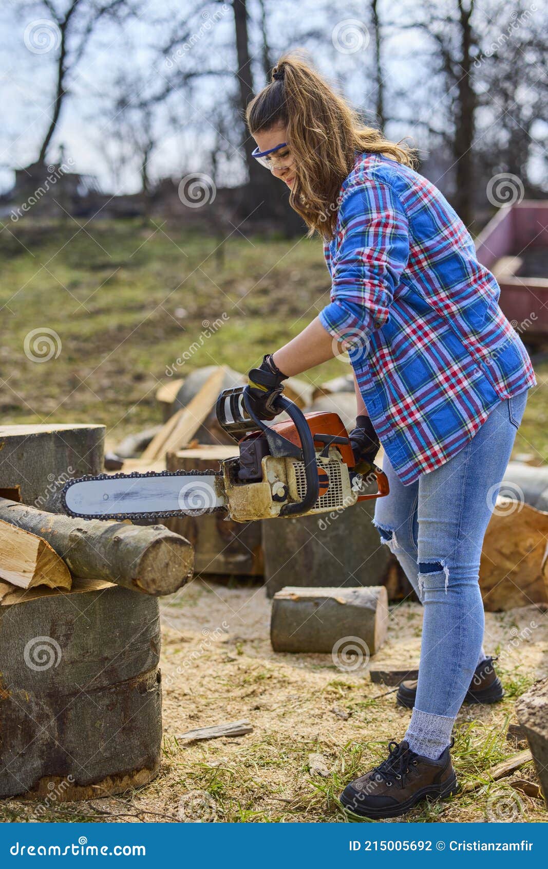 Man Using Chainsaw In Garden. Cutting Branch Of Tree Royalty-Free Stock ...