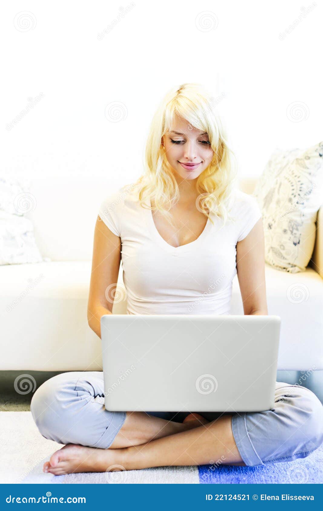 Young Woman Using Computer at Home Stock Image - Image of inside ...