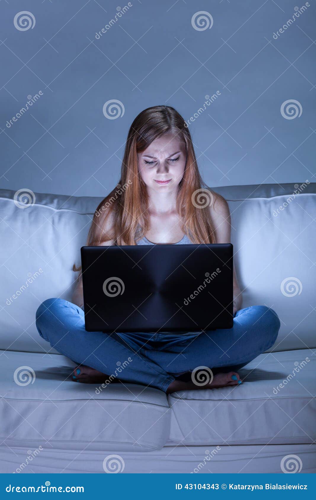 Young Woman Using Computer at Night Stock Image - Image of comfortable ...