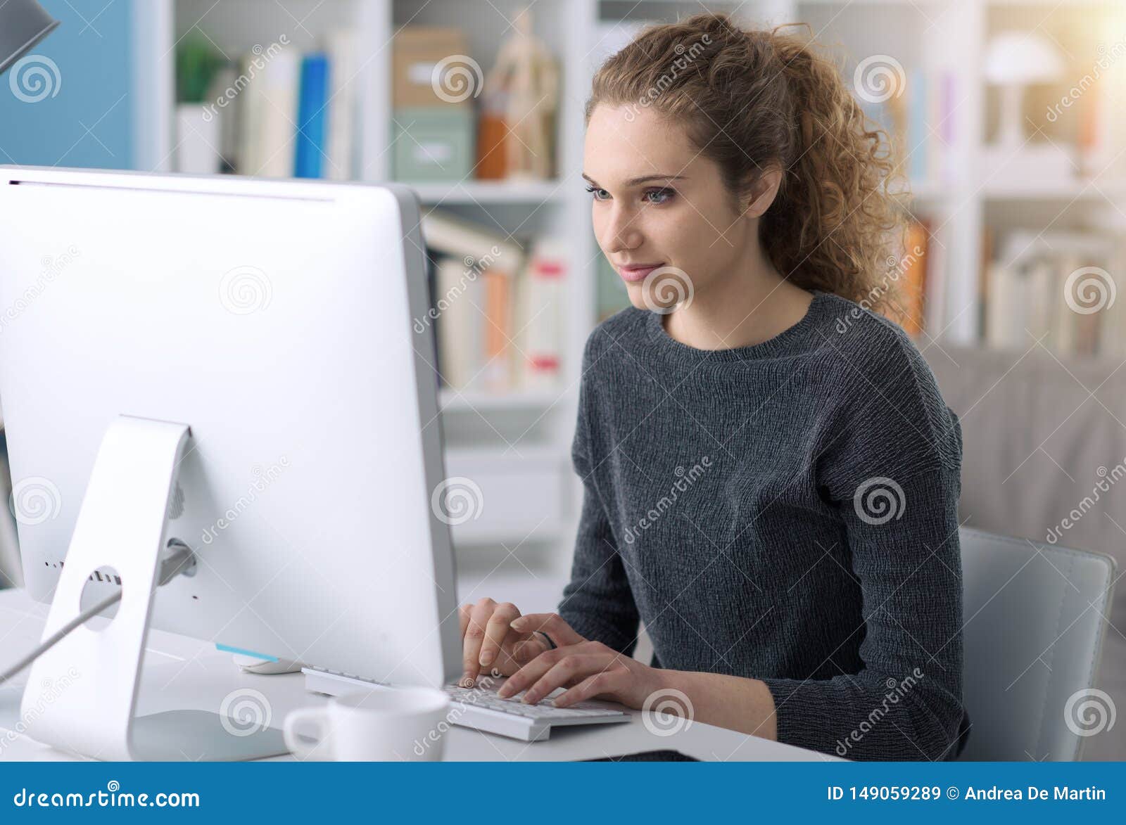 Young Woman Using a Computer in the Office Stock Image - Image of cute ...