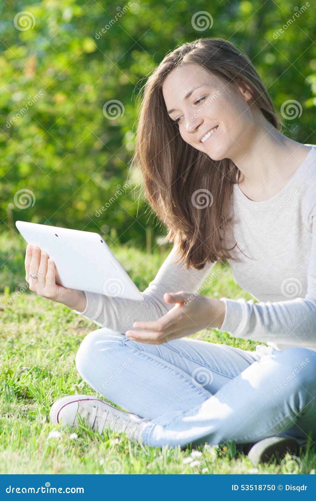 Young Woman Using Computer Tablet Pc Outdoor in the Park Stock Photo ...