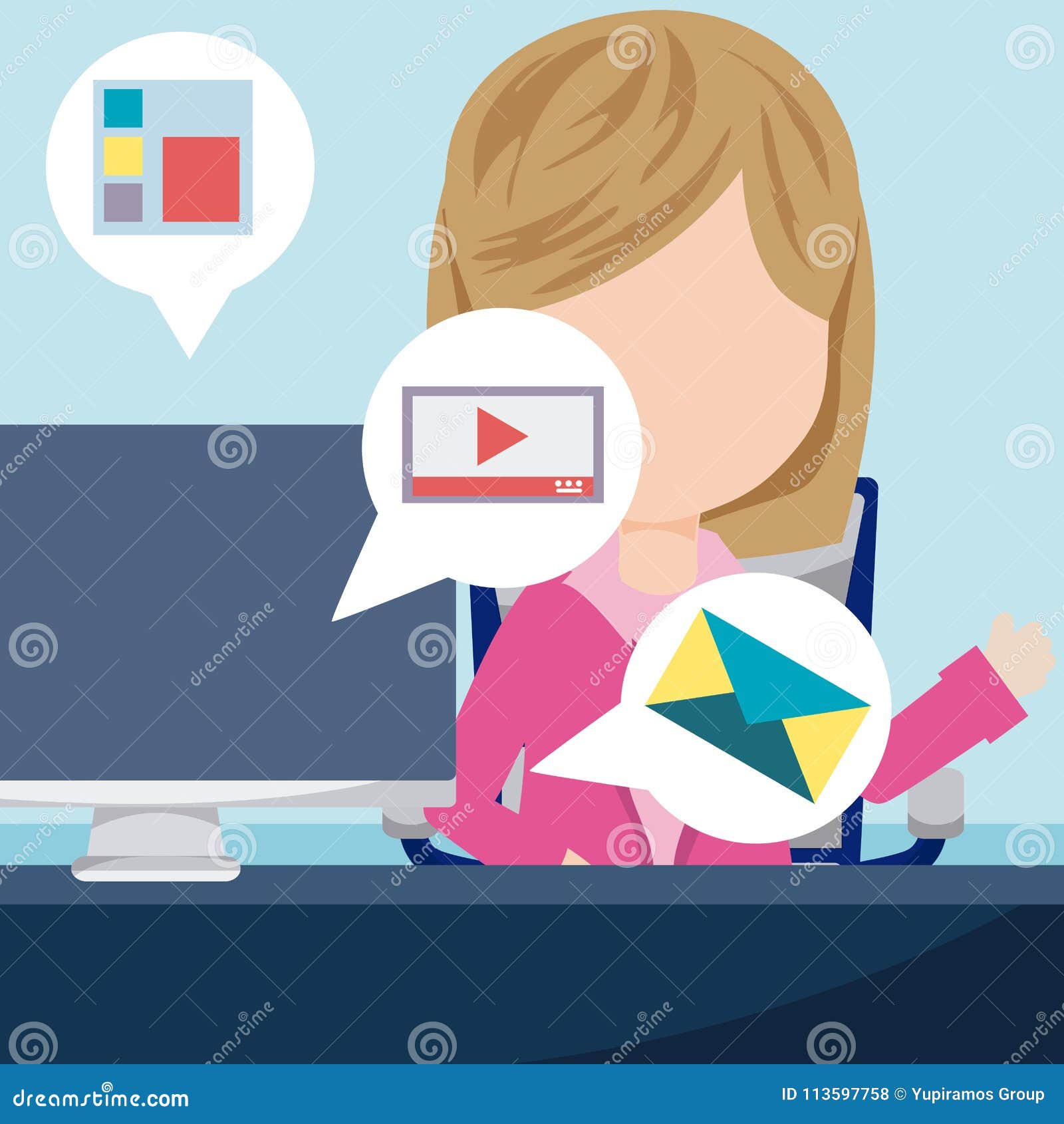 Young woman using computer stock vector. Illustration of technology ...