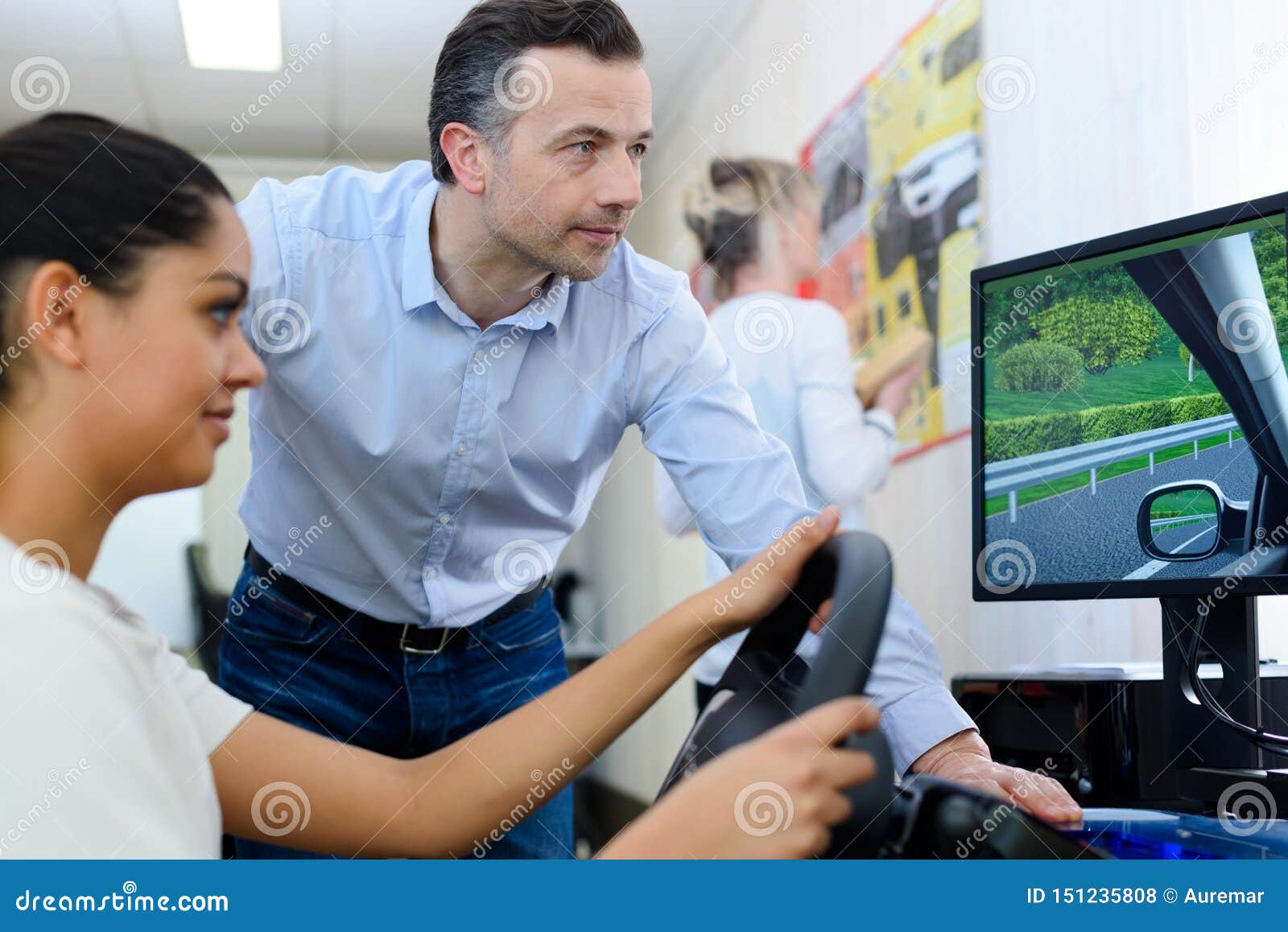 Young Woman Using Driving Simulator Stock Photo - Image of landscapes ...