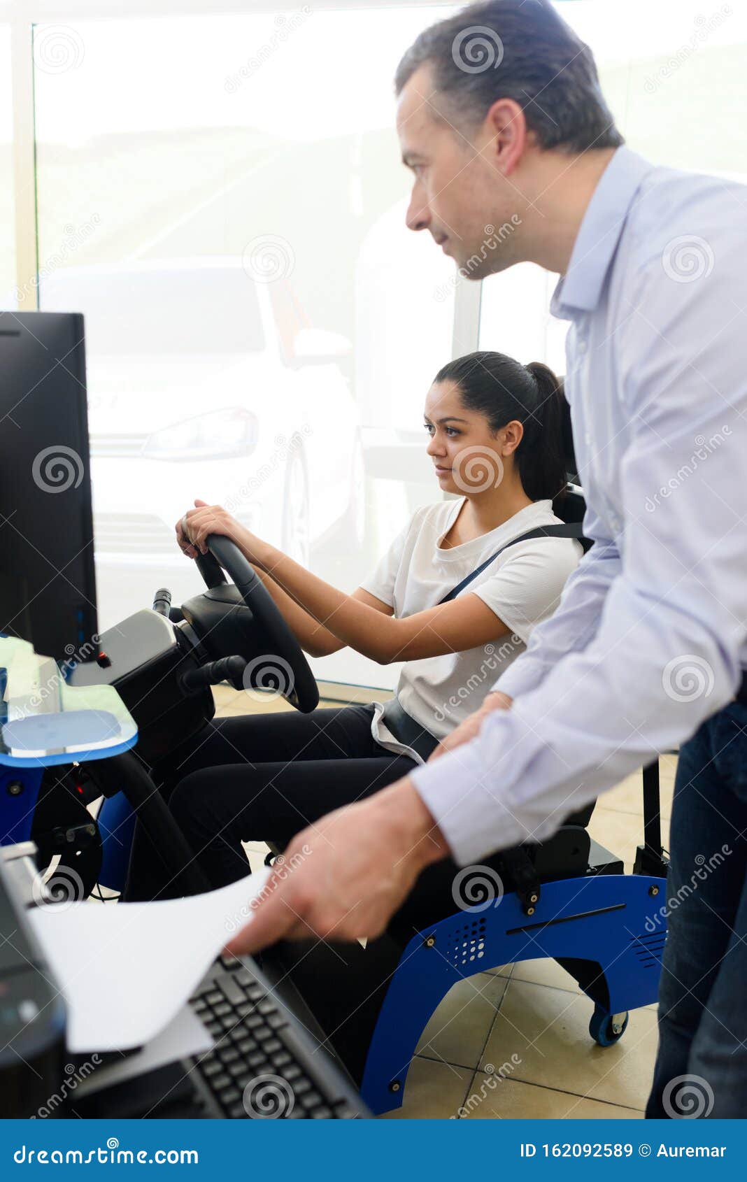 Young Woman Using Driving Simulator Stock Image - Image of examination ...