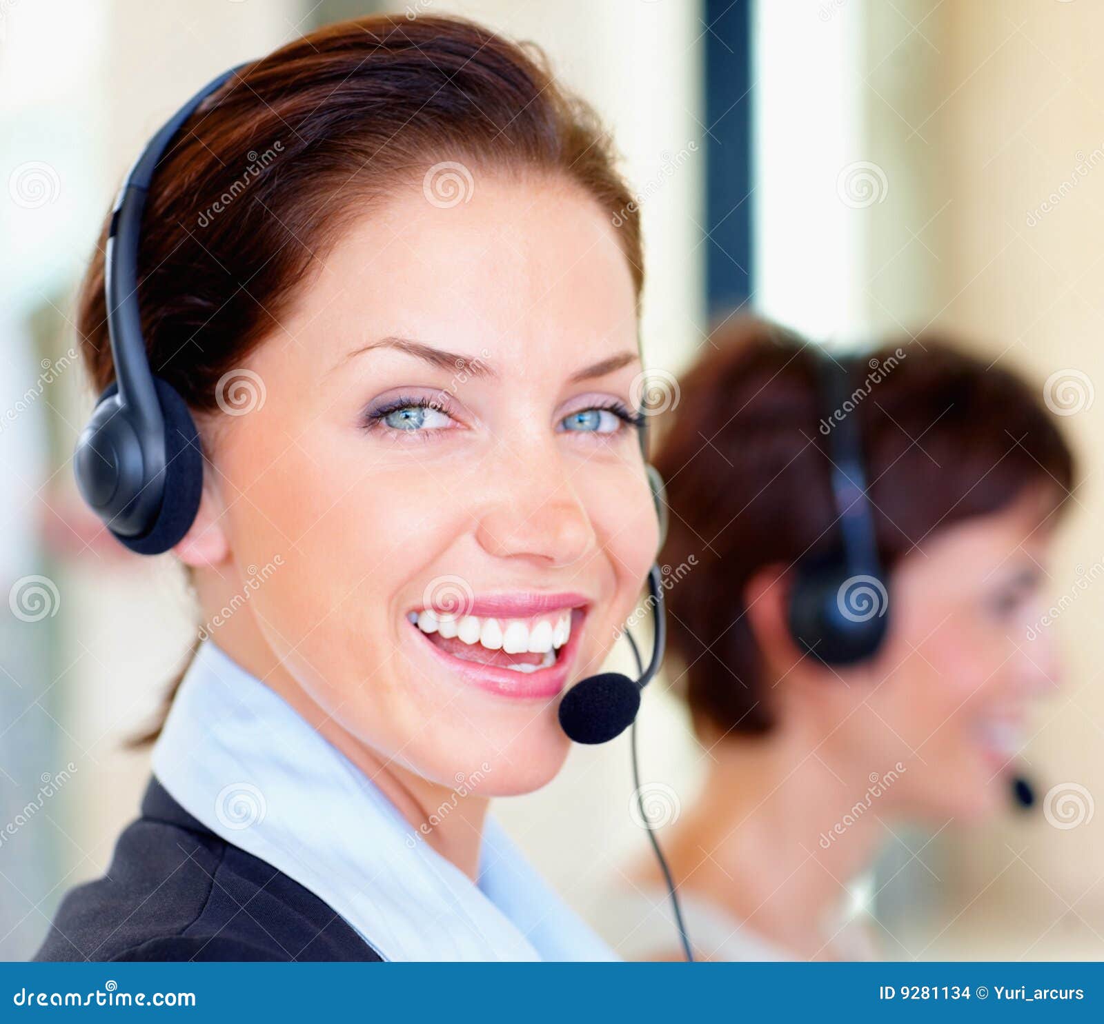 Young Woman Using Headset with People in a Row Stock Photo - Image of ...