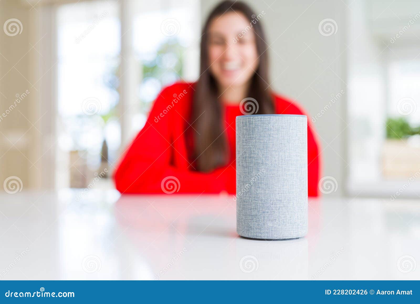 Young Woman Using Home Intelligent Device, Interactive Voice Assistant ...